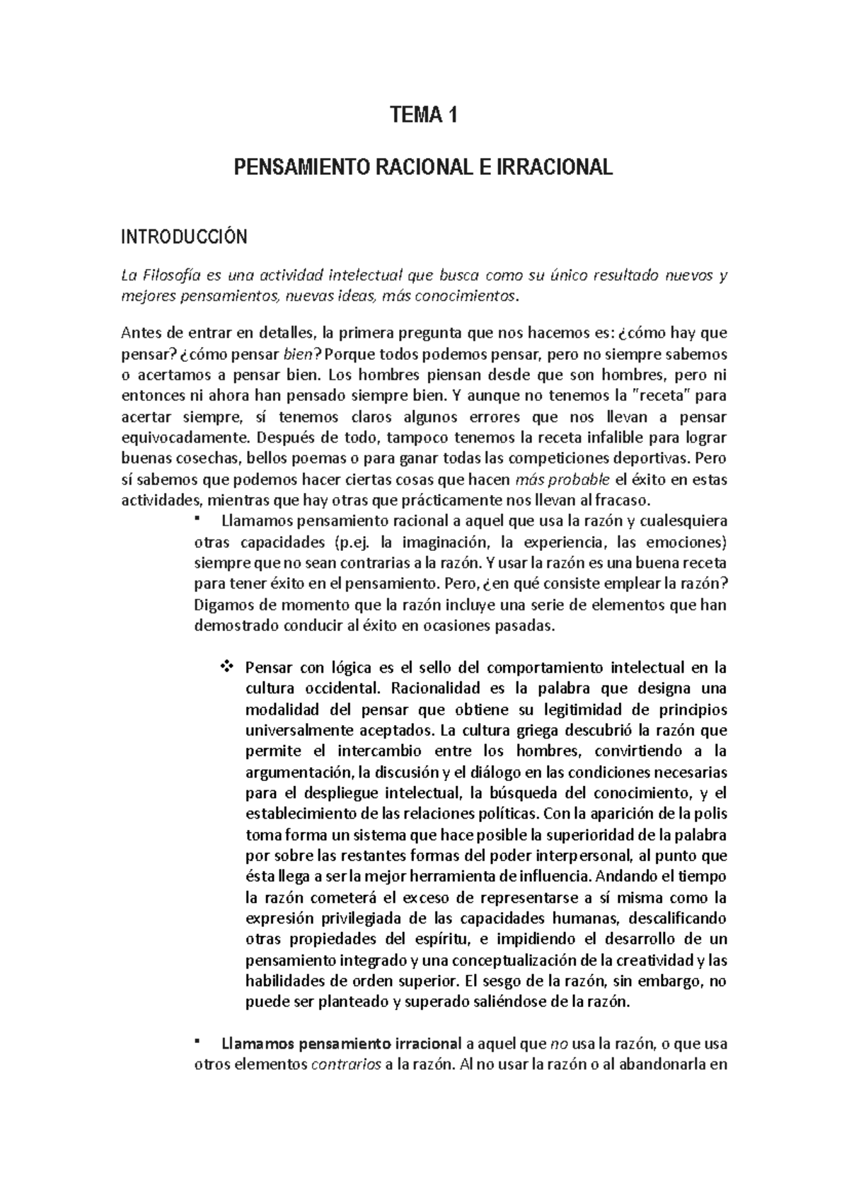 Pensamiento racional introduccion - TEMA 1 PENSAMIENTO RACIONAL E ...