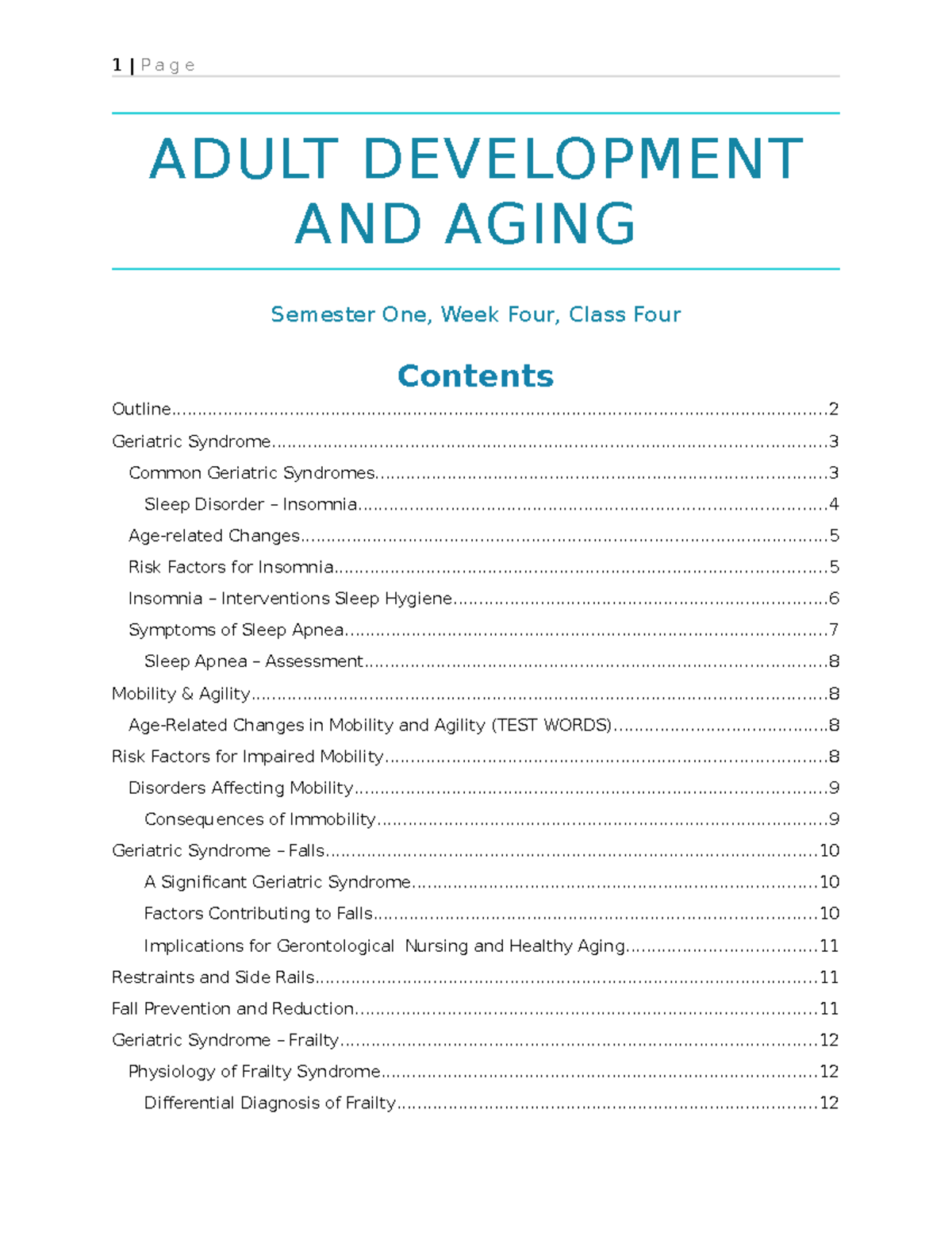 Adult Development and Aging Semester One Week Four Class Four - ADULT ...