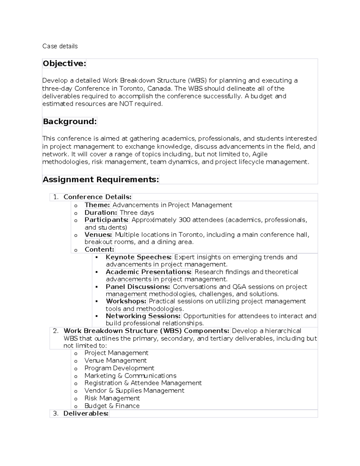 Conference WBS assessment - Case details Objective: Develop a detailed ...