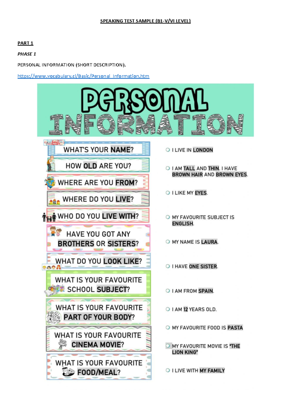 Speaking TEST Sample V-VI - SPEAKING TEST SAMPLE (B1-V/VI LEVEL) PART 1 ...