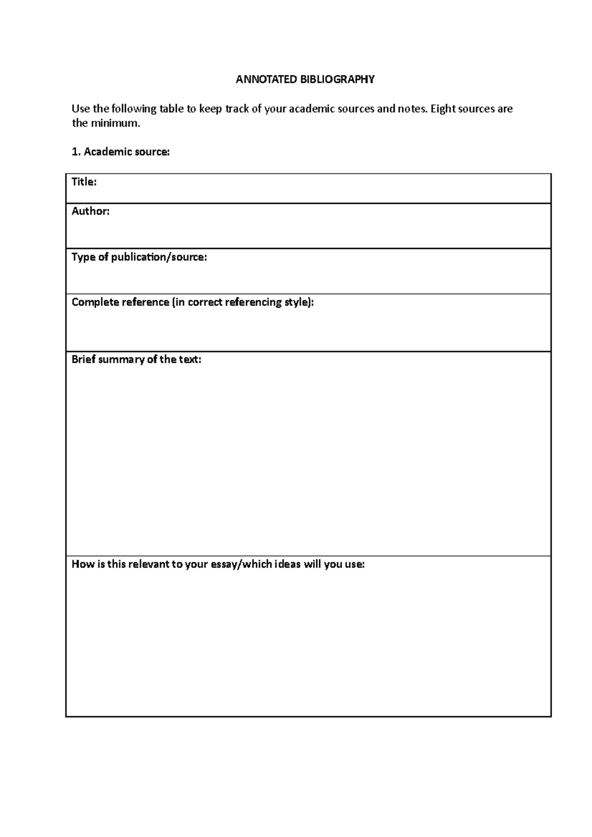 Annotated Bibliography Worksheet - ANNOTATED BIBLIOGRAPHY Use the ...