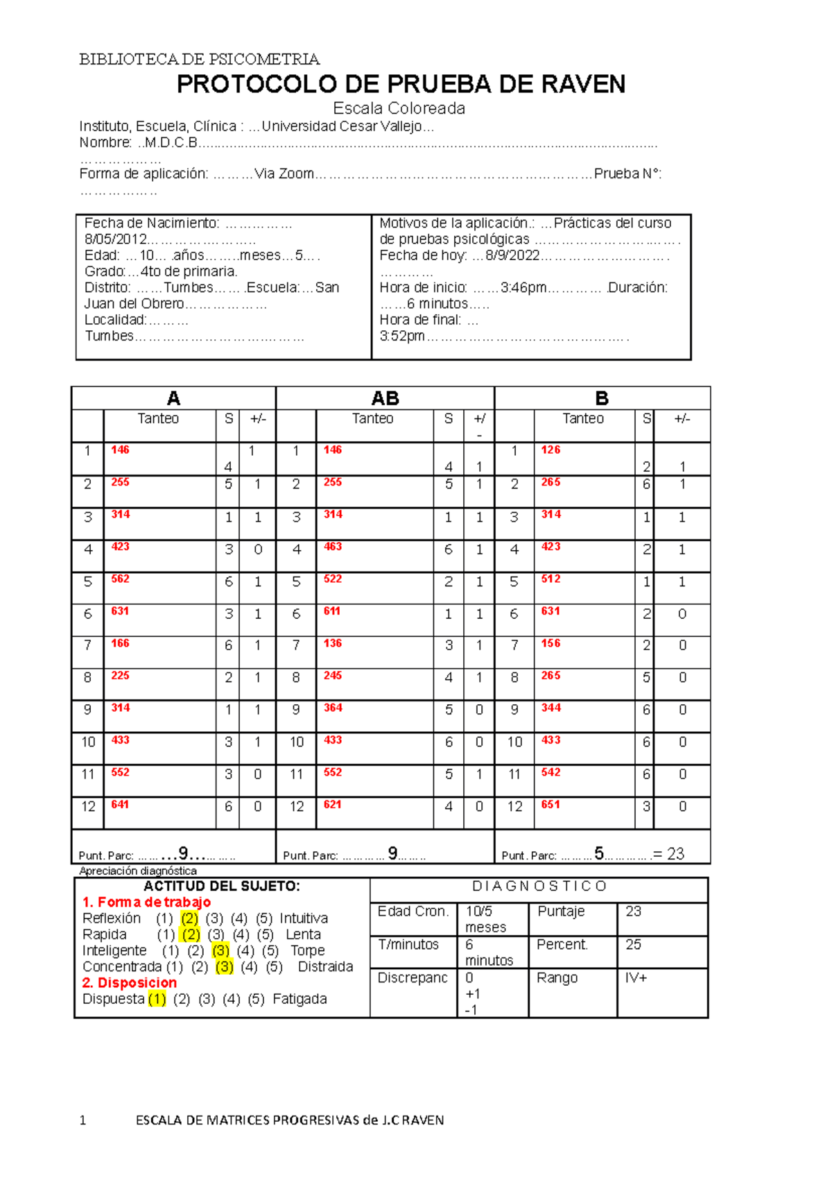 5 Protocolo de Respuestasy claves BIEN - PROTOCOLO DE PRUEBA DE RAVEN Escala Coloreada Instituto ...