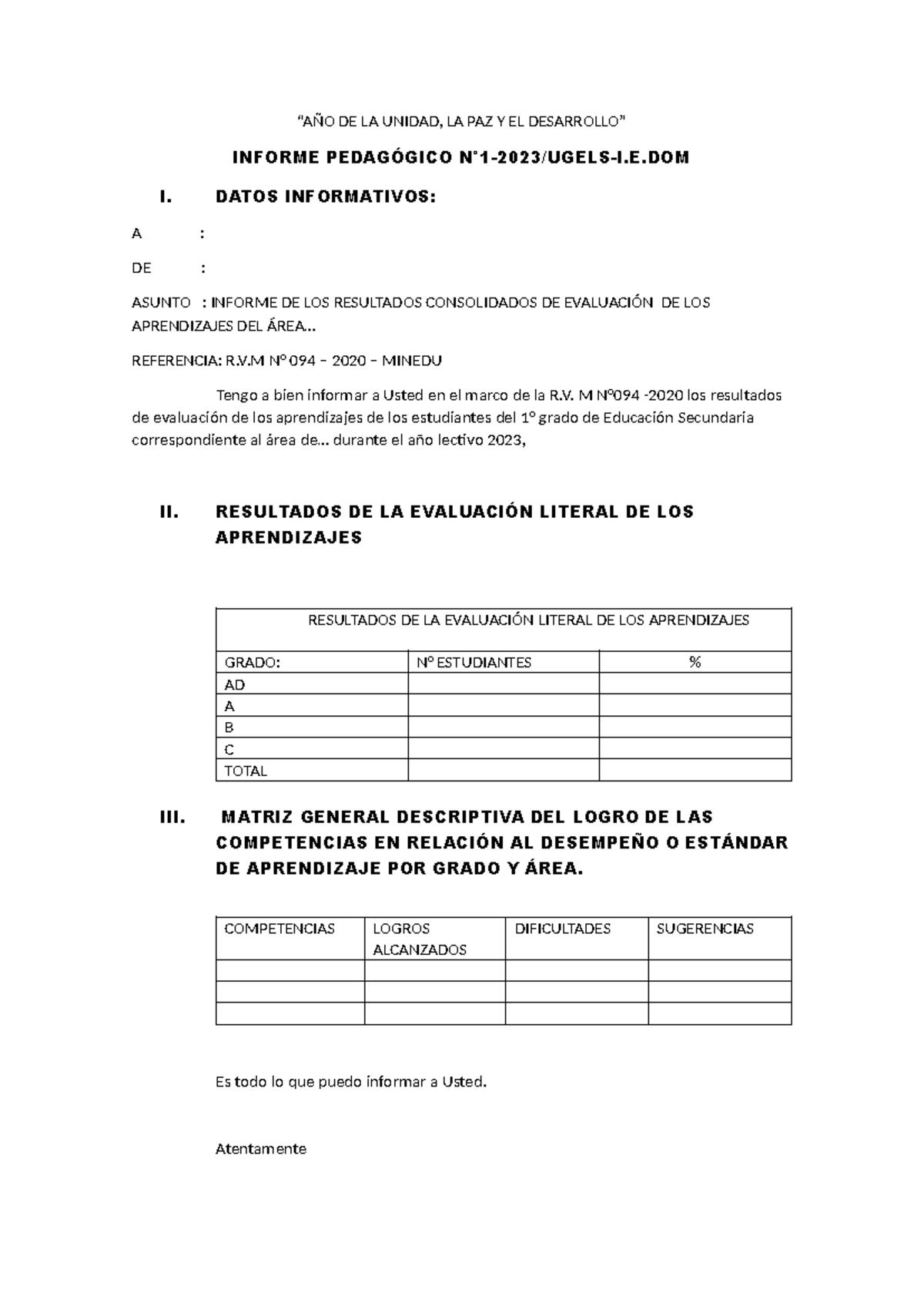 Informe Pedagógico - dfgghhh - “AÑO DE LA UNIDAD, LA PAZ Y EL ...