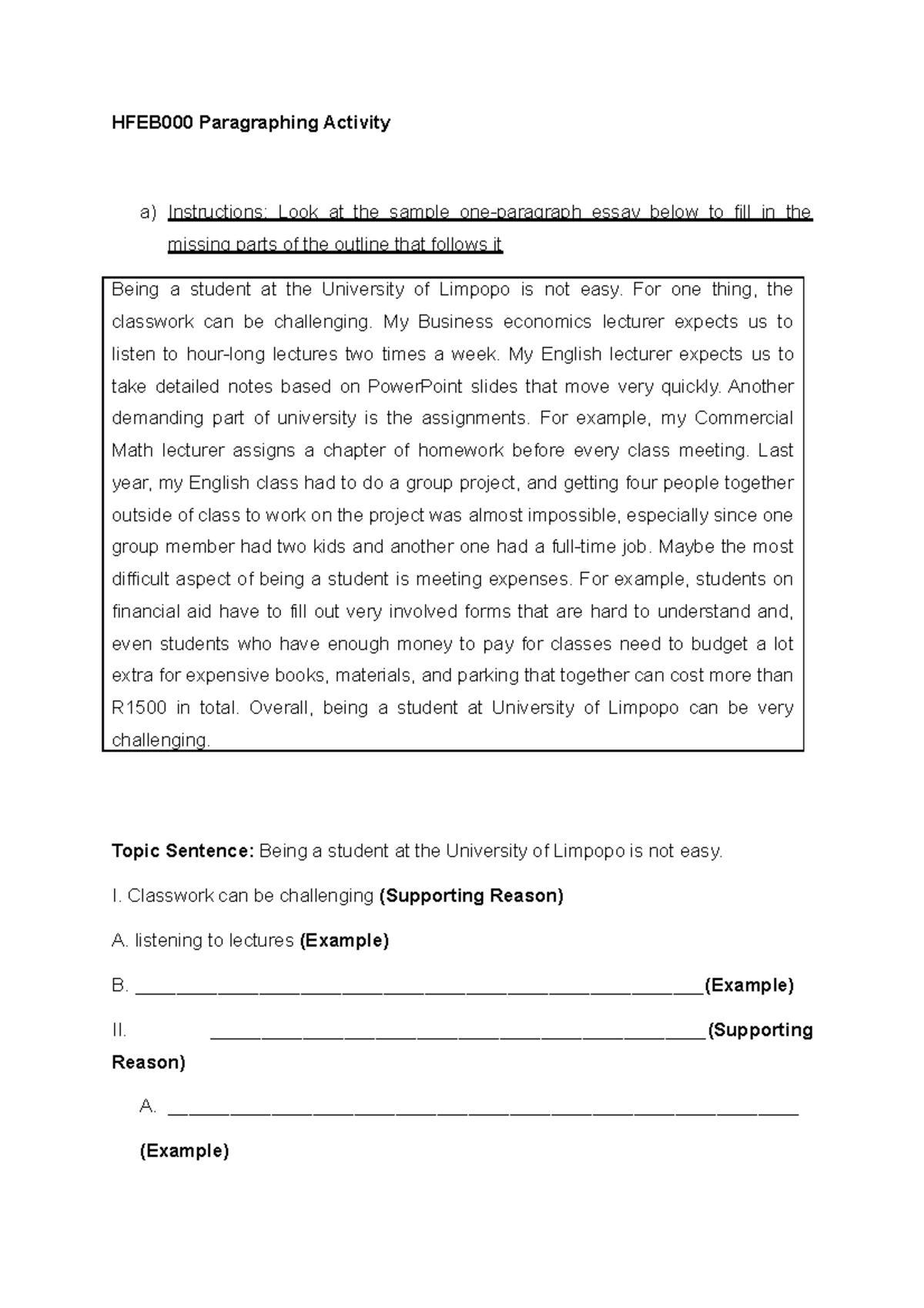 HFEB000 Paragraphing Activity for the first semester - HFEB000 ...