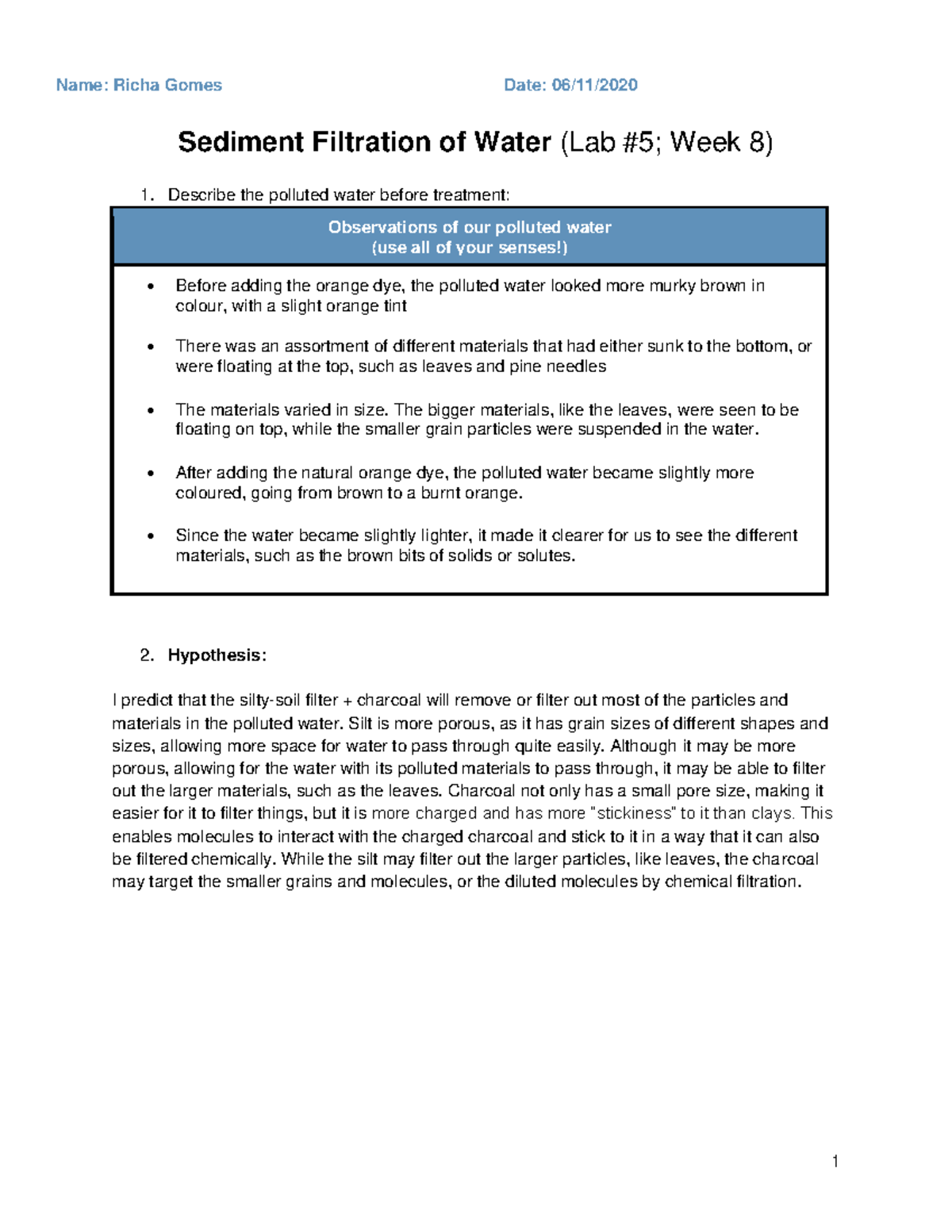 Infiltration lab - Sediment Filtration of Water (Lab #5; Week 8 ...