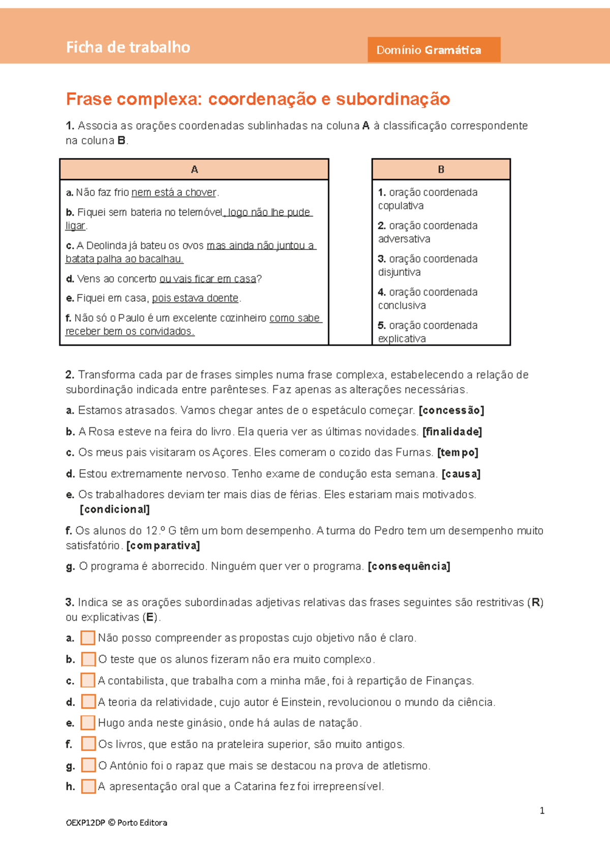 Oexp12 ficha gramatica coordenacao subordinacao - Frase complexa ...