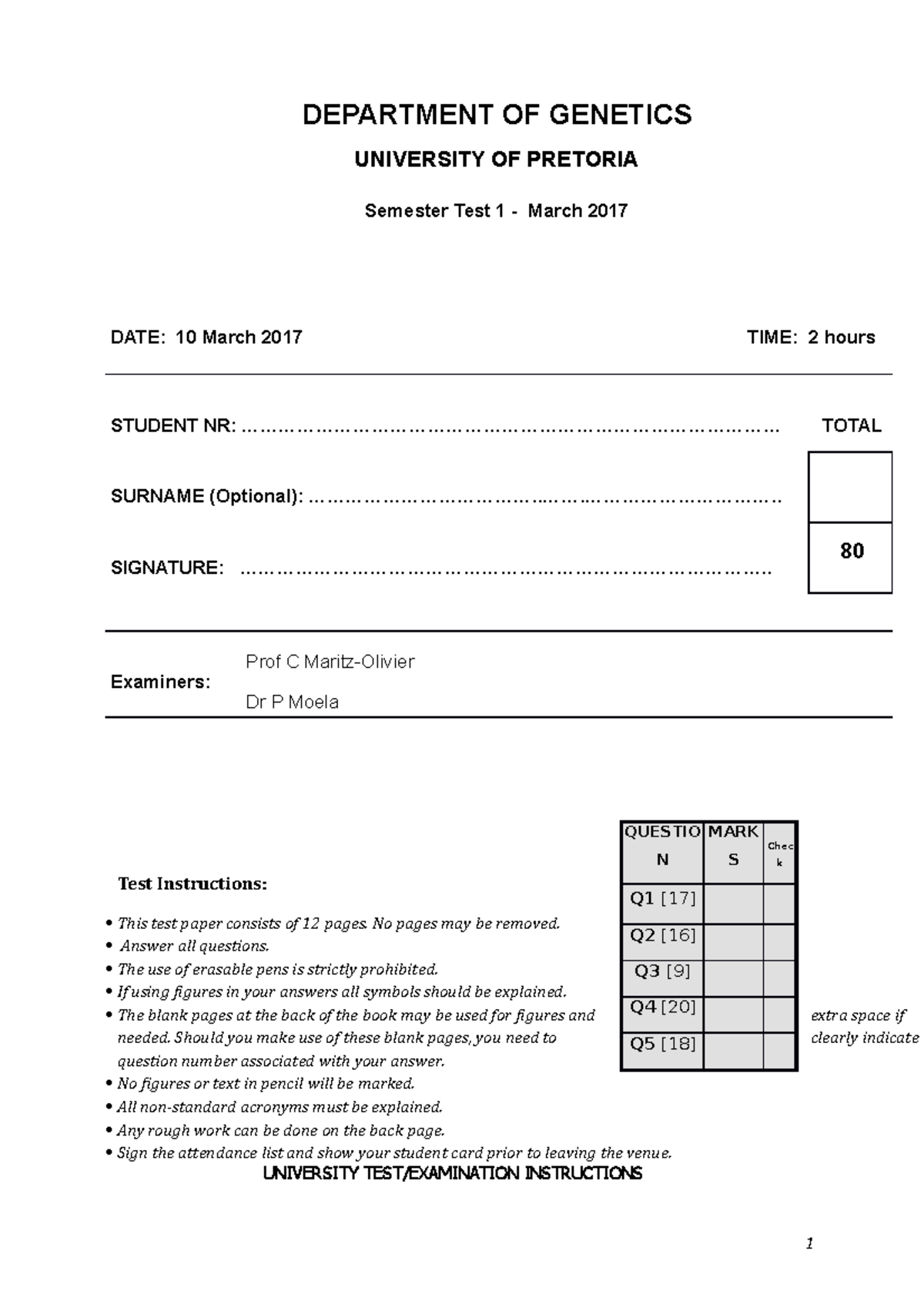 Semester I March 2017 Final 1 - DATE: 10 March 2017 TIME: 2 hours ...