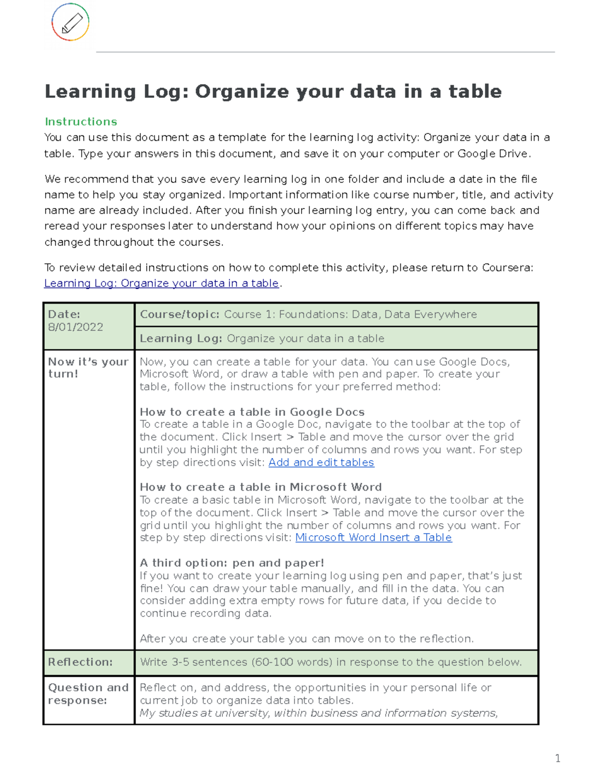 Learning Log Week3 Organising Data Into Tables - - Studocu
