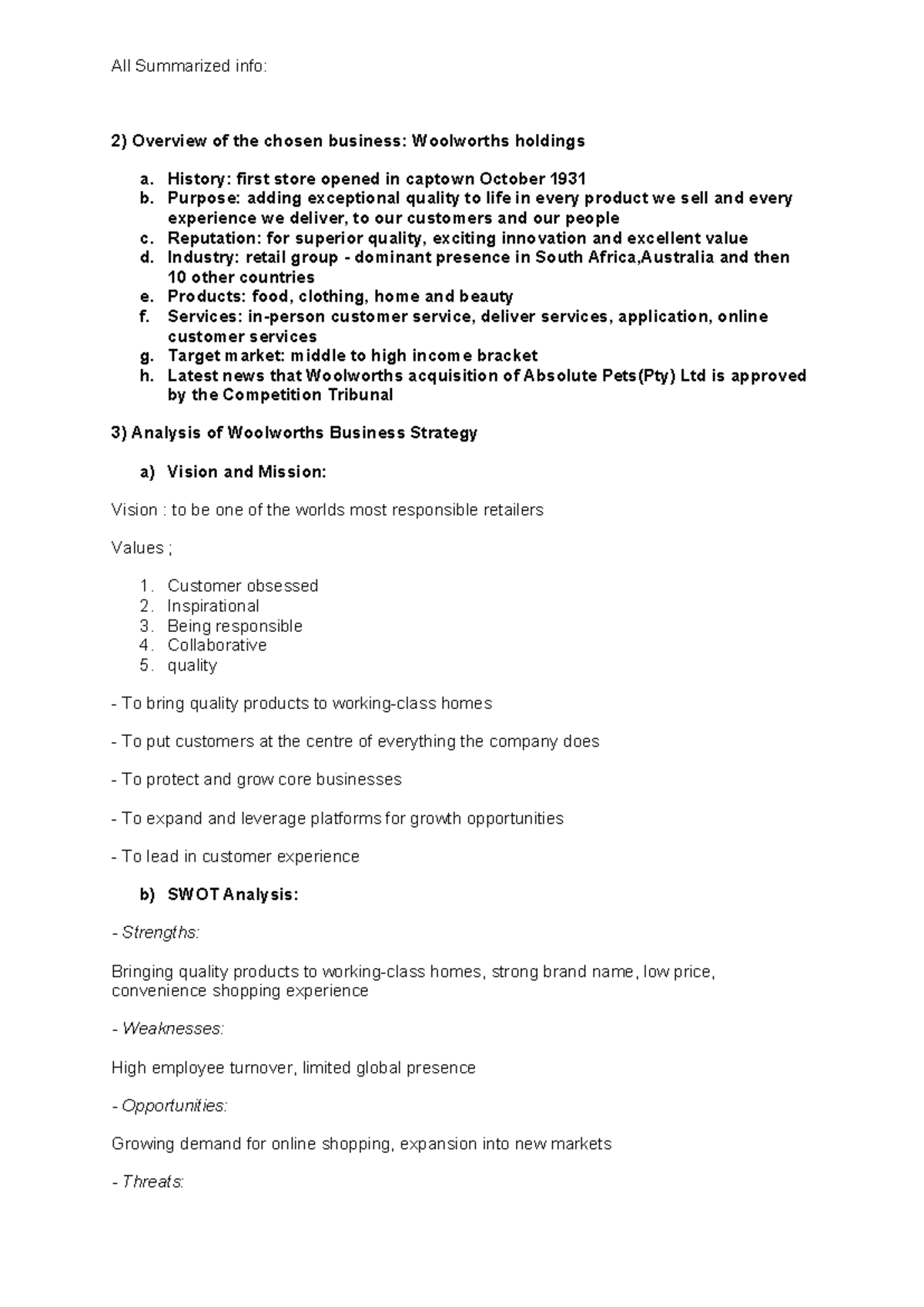Woolworths Info Doc - Example of group assignment information document ...