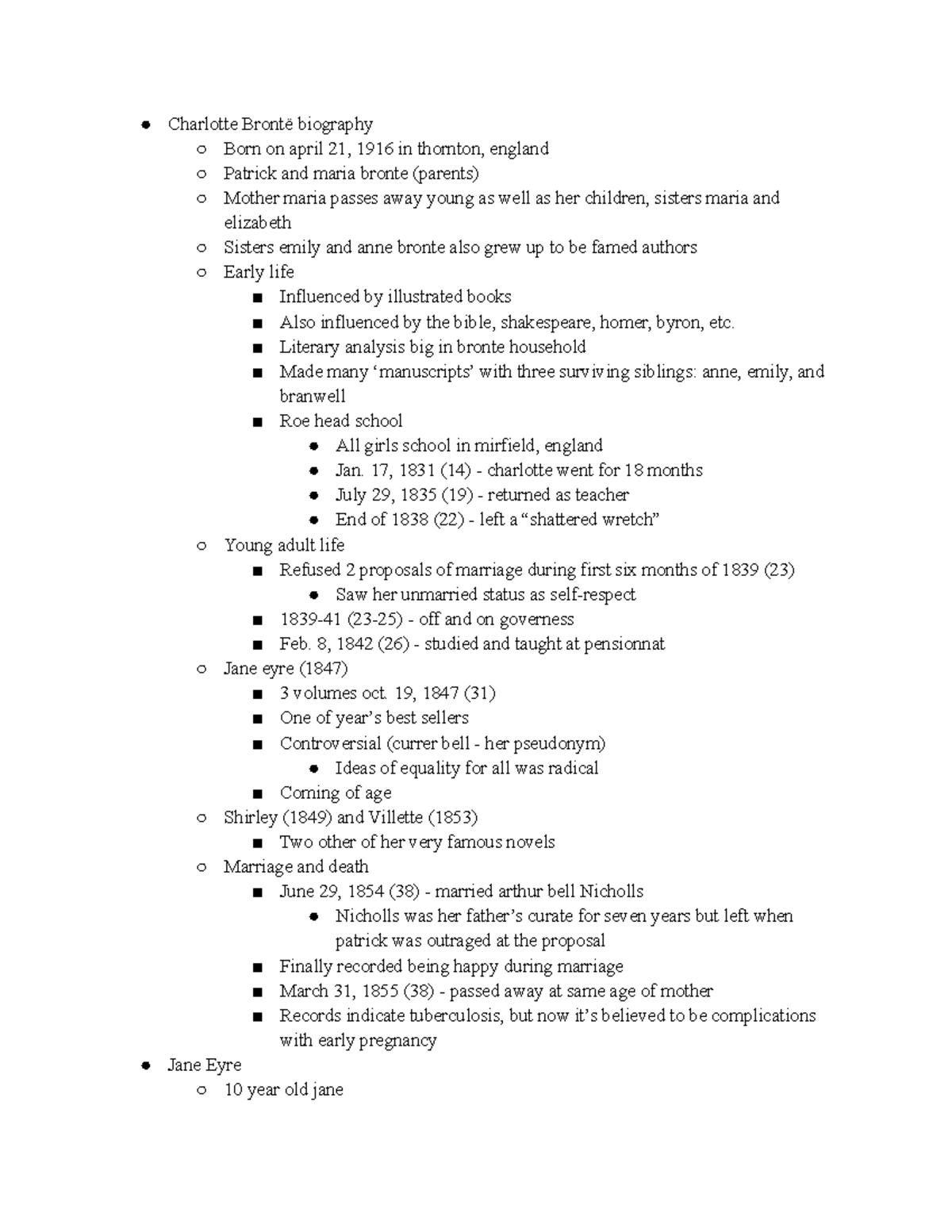 Jane Eyre Notes Nineteenth Century Notes - Charlotte Brontë biography ...