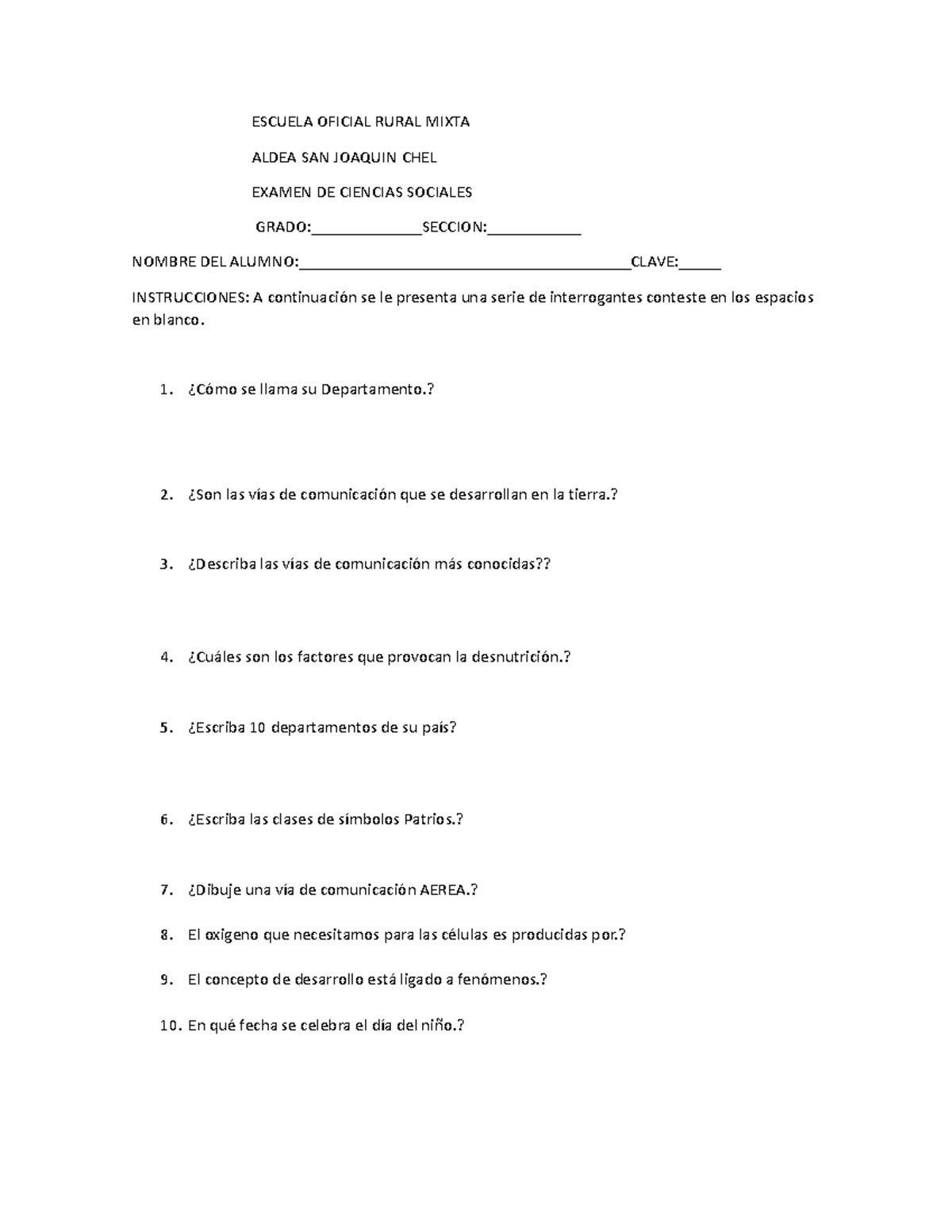 Evaluacion DE Sociales Sexto - ESCUELA OFICIAL RURAL MIXTA ALDEA SAN ...