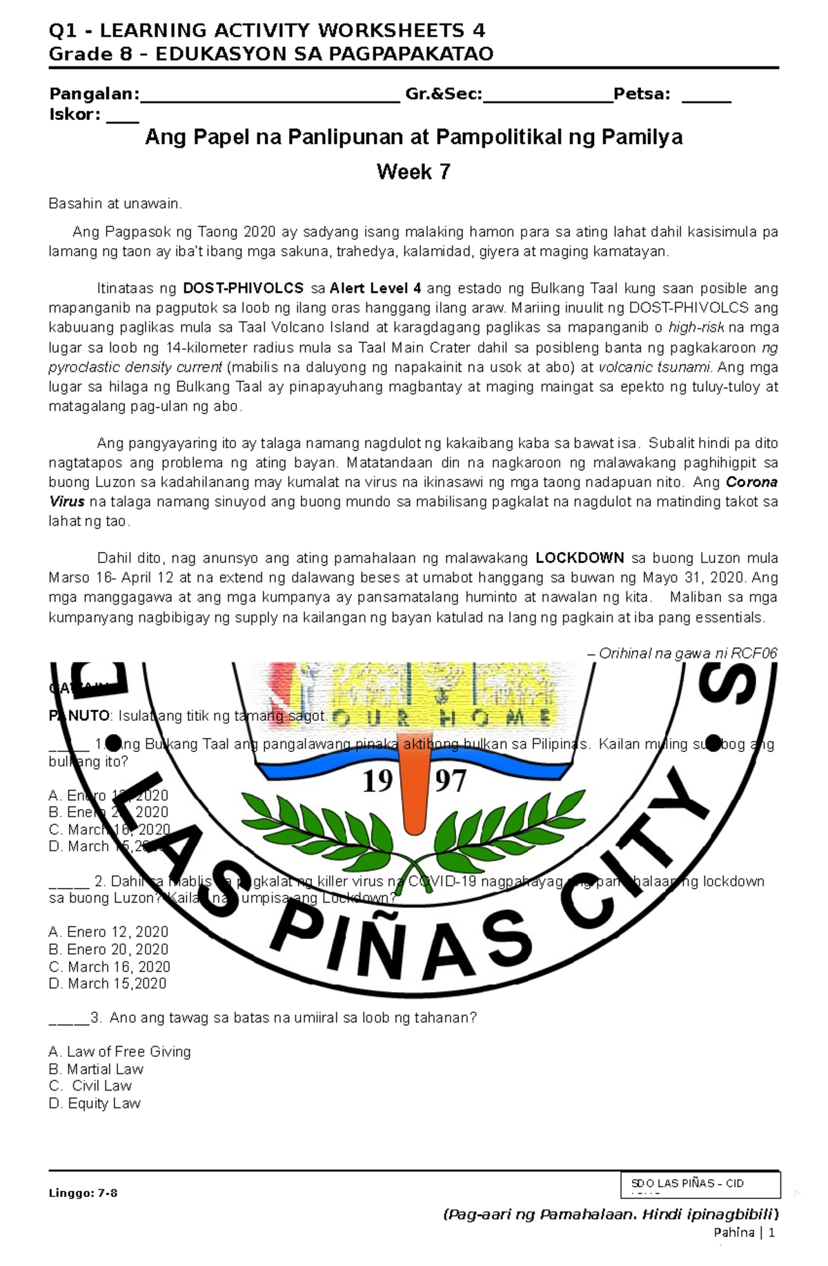 Q1 G8 ESP LAW 4 - Activity sheet - Grade 8 – EDUKASYON SA PAGPAPAKATAO - Studocu