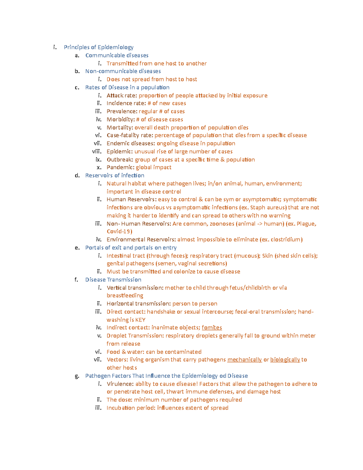 Epidemiology Outline - i. Principles of Epidemiology a. Communicable ...
