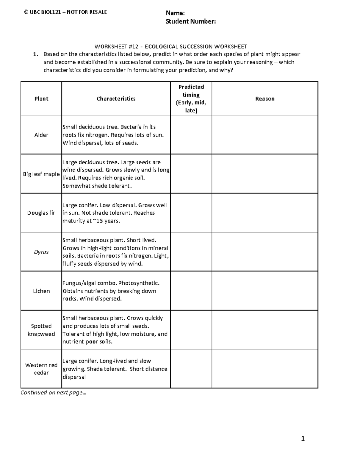 Worksheet #12 - Ecological Succession Ecology Unit BIOL 121 Genetics ...