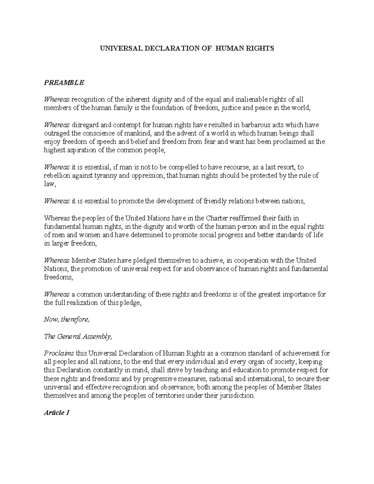 Universal Declarations of Human Rights - Article I All human beings are ...