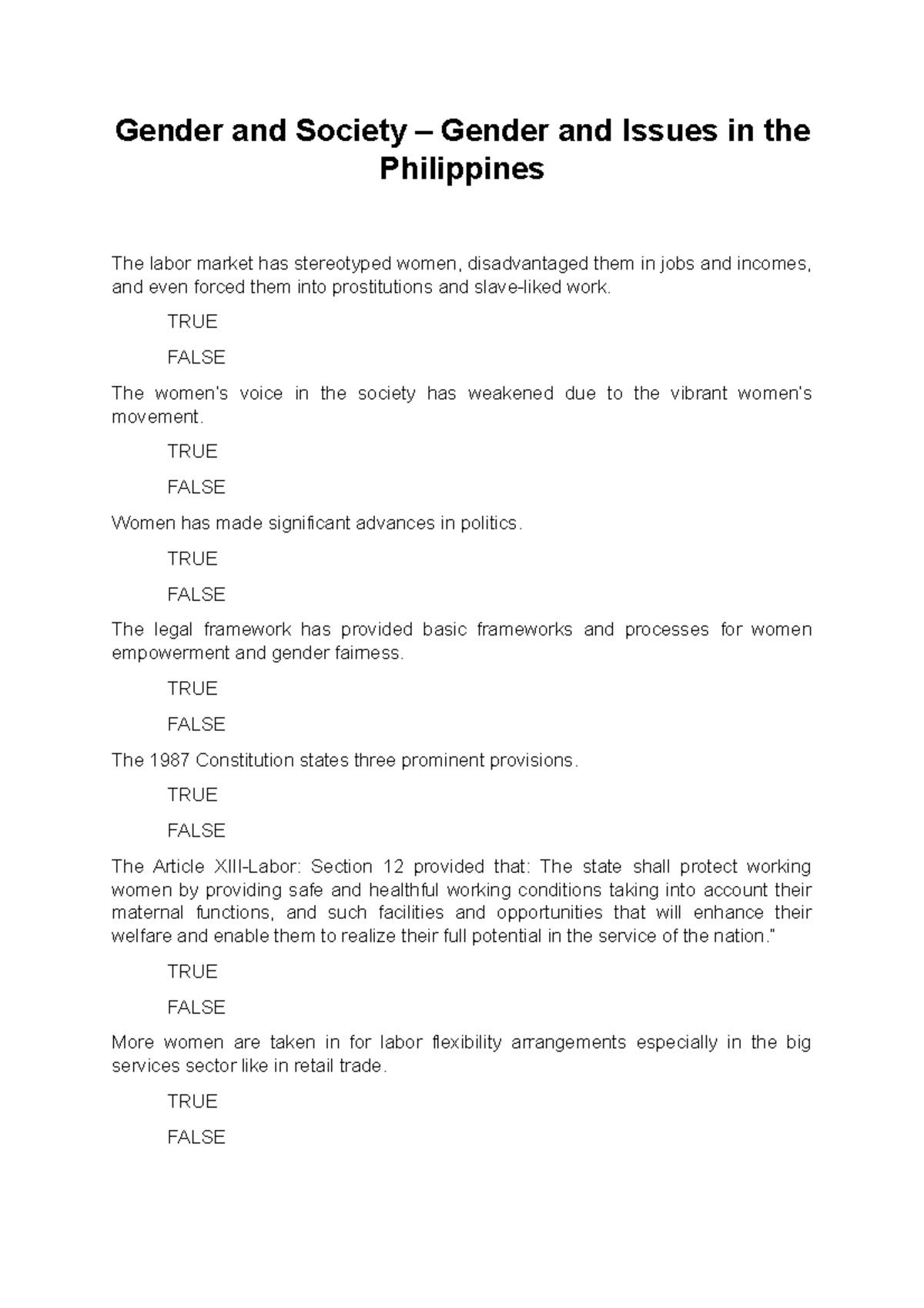 Gender and Issues in the Philippines - Practice Material - Gender and ...