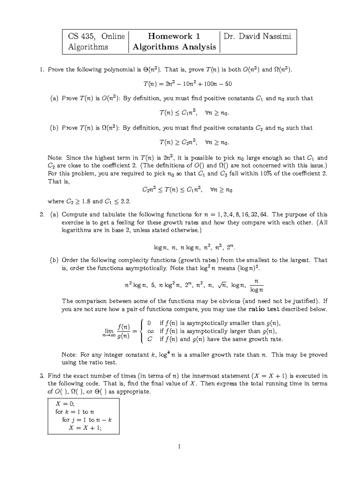 Cs435-h1 - These are the Questions. - CS 435, Online Homework 1 Dr. David Nassimi Algorithms ...