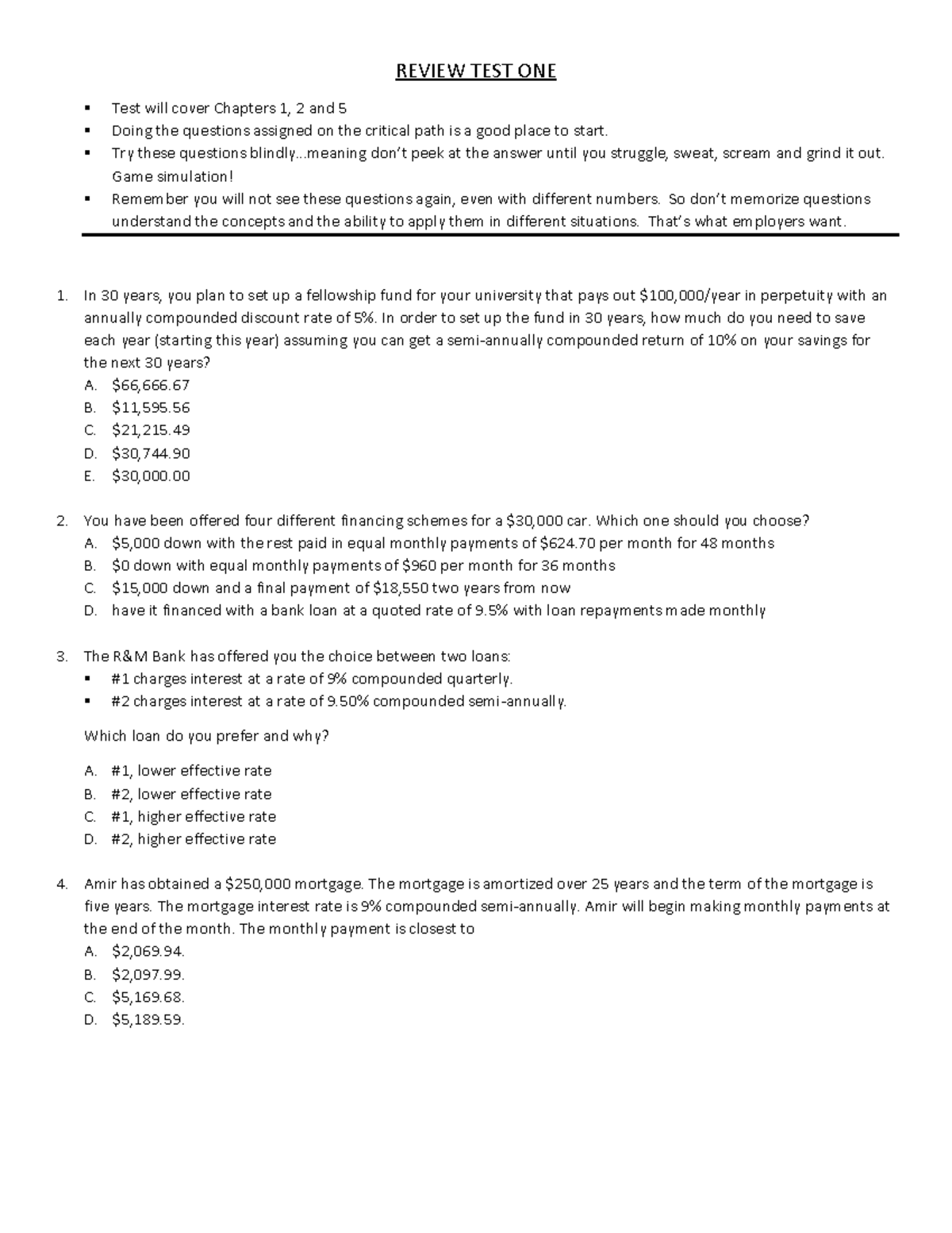 Test 1 Review - REVIEW TEST ONE Test will cover Chapters 1, 2 and 5 ...