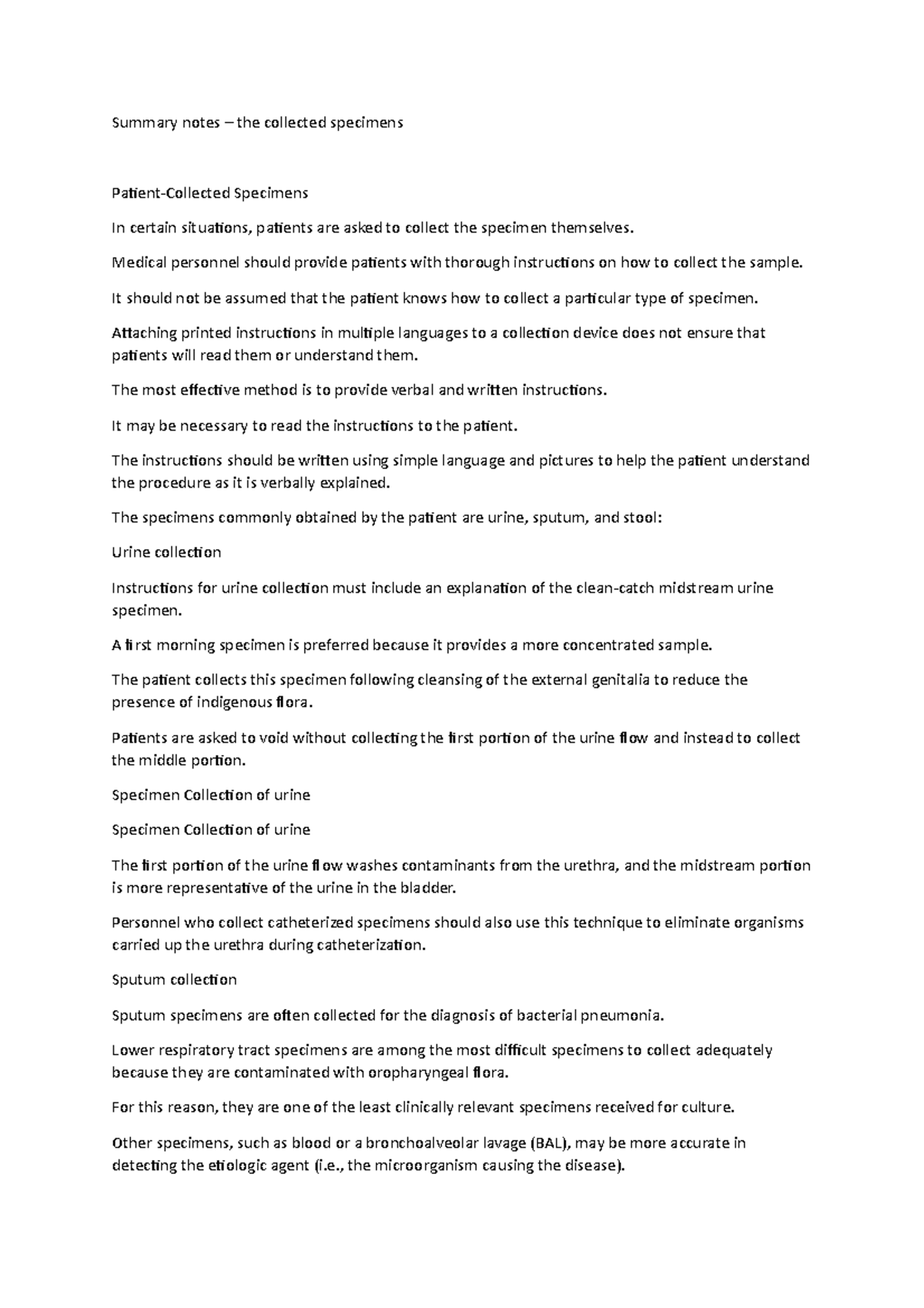 Summary notes – the collected specimens - Summary notes – the collected ...