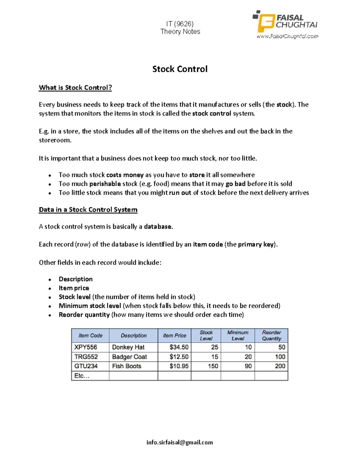 Automatic Stock Control - Theory Notes Stock Control What is Stock ...