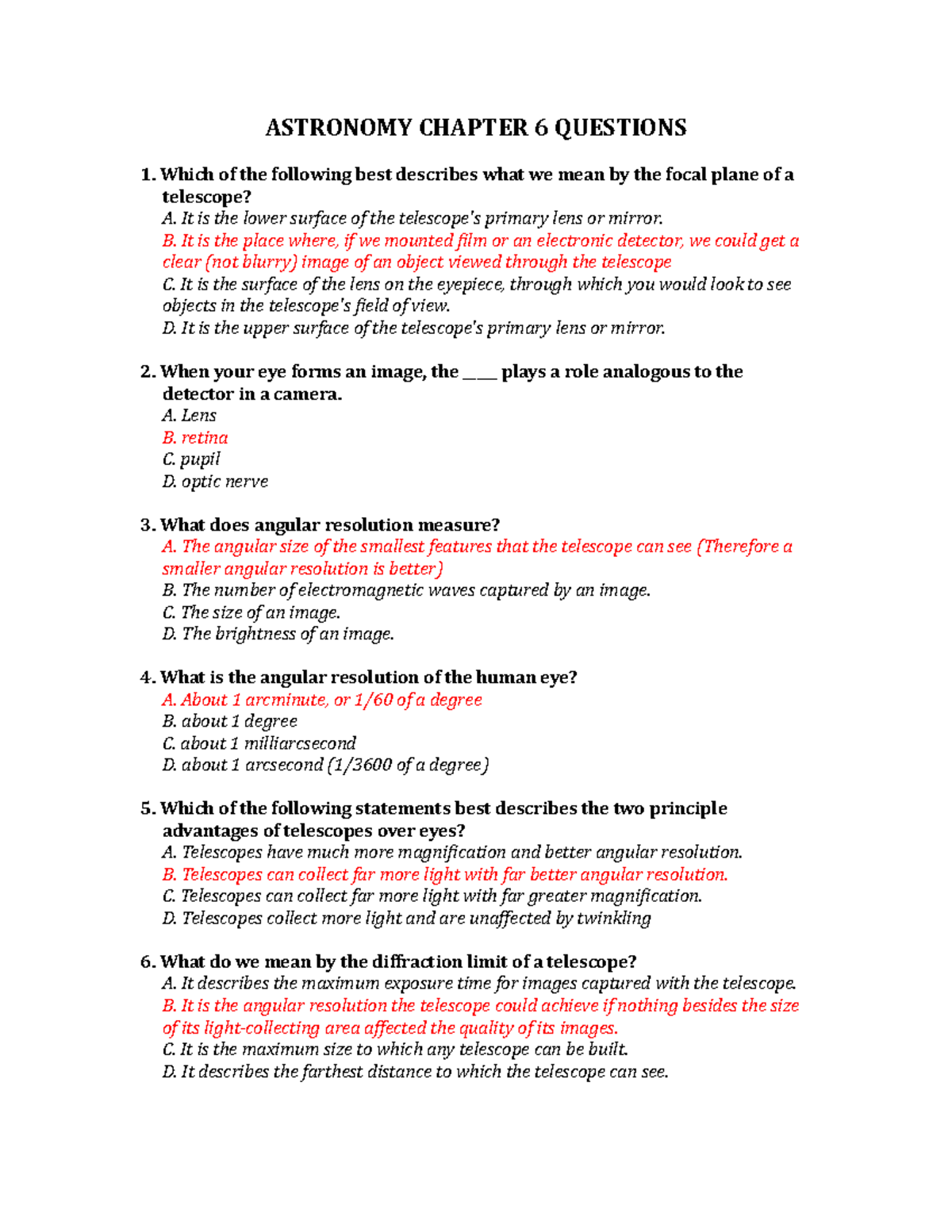 Astronomy Chapter 6 Questions - ASTRONOMY CHAPTER 6 QUESTIONS 1. Which ...