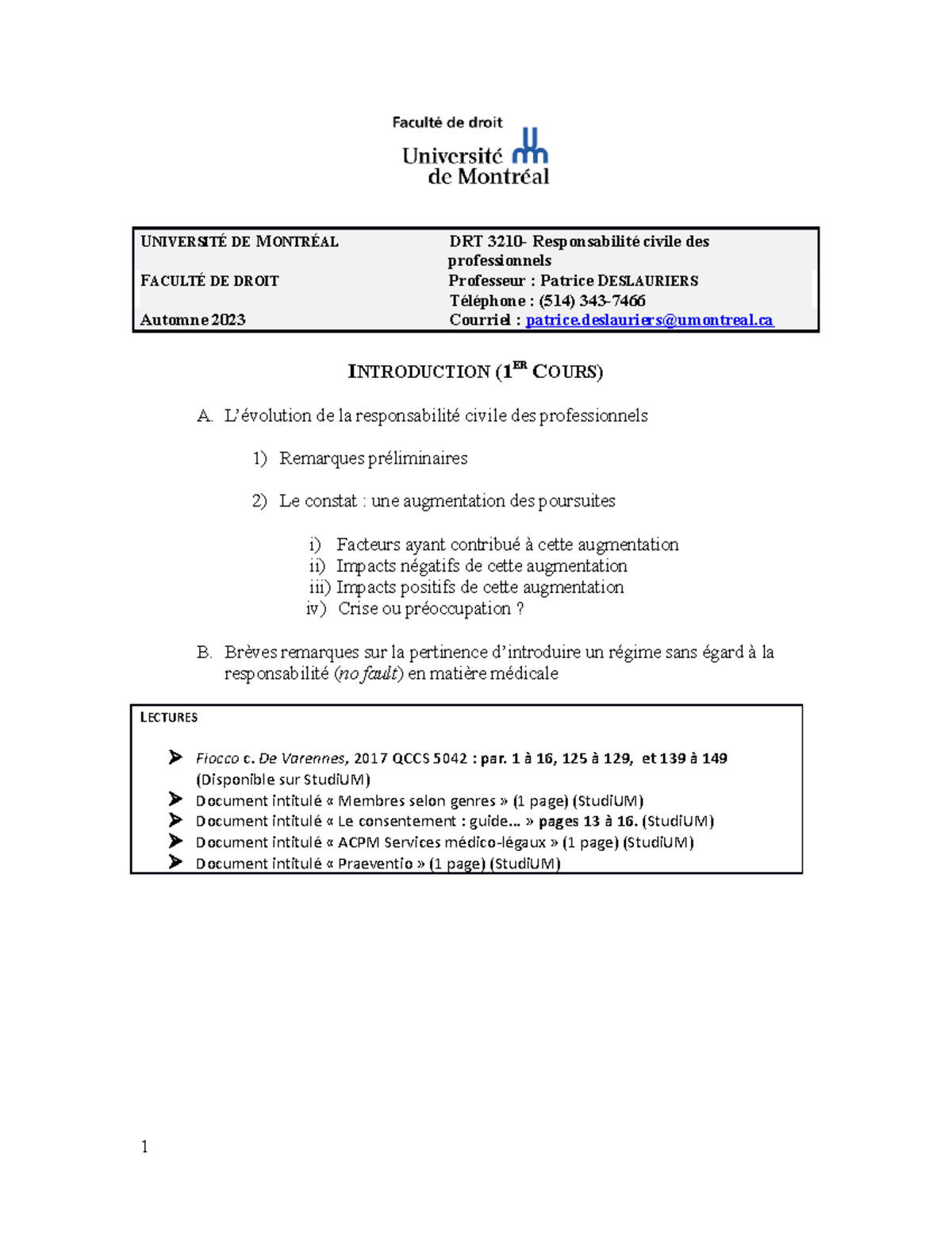 Cours 1 - Patrice Deslauriers - UNIVERSITÉ DE MONTRÉAL DRT 3210 ...