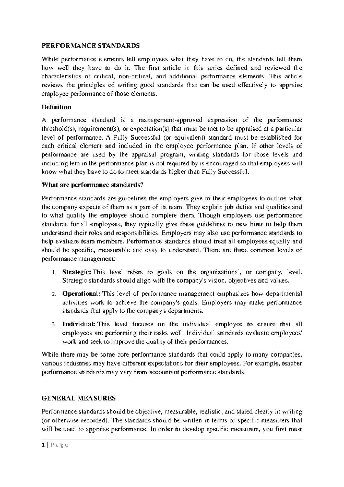 Performance Standards - PERFORMANCE STANDARDS While performance ...