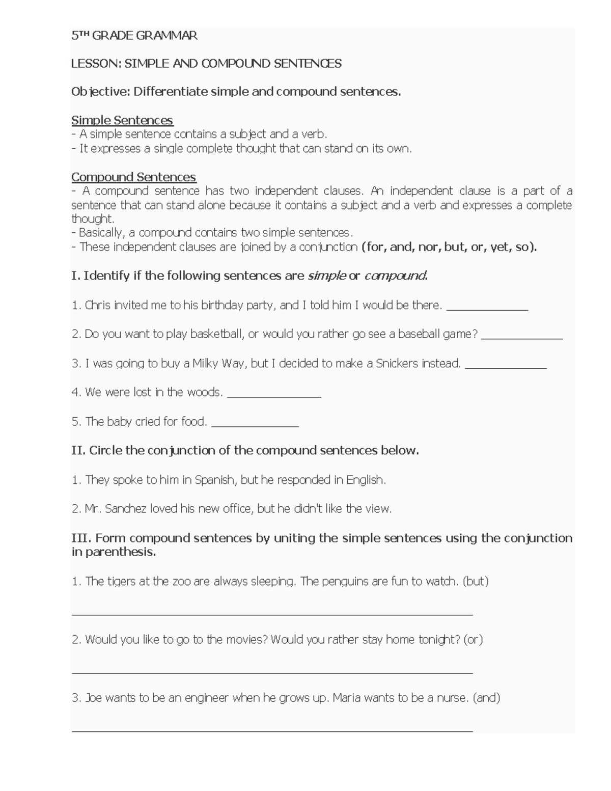 Grammar Practice Simple and Compound Sentences - 5 TH GRADE GRAMMAR ...
