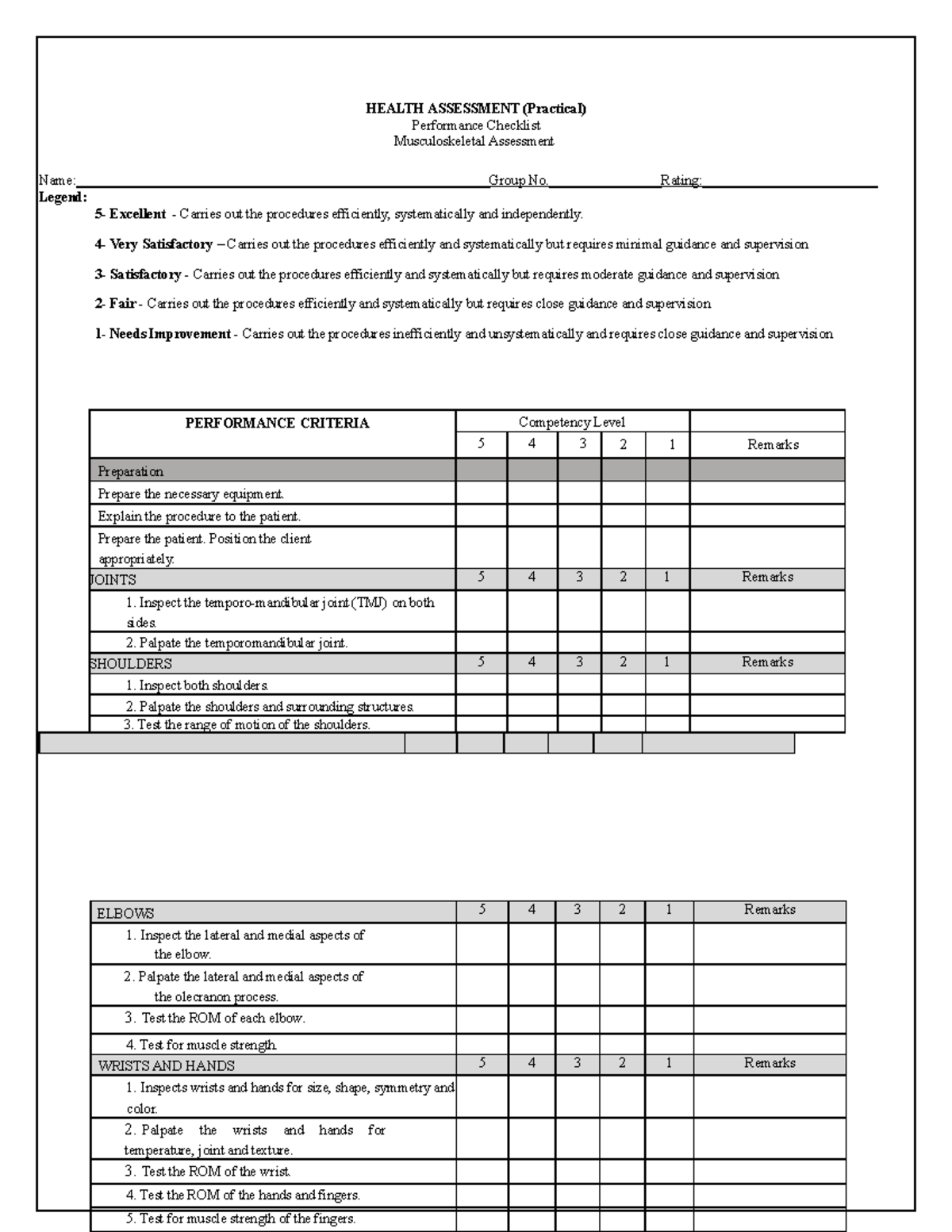 Musculoskeletal Assessment (Upper and Lower) Checklist - HEALTH ...