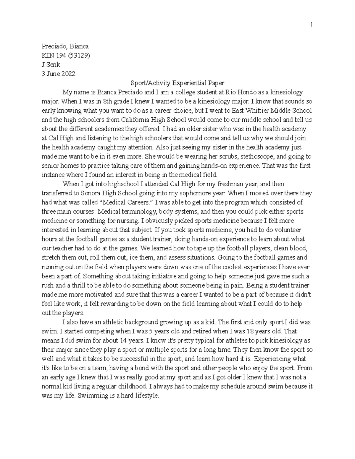 Sport Activity Experiential Paper - 1 Preciado, Bianca KIN 194 (53129 ...