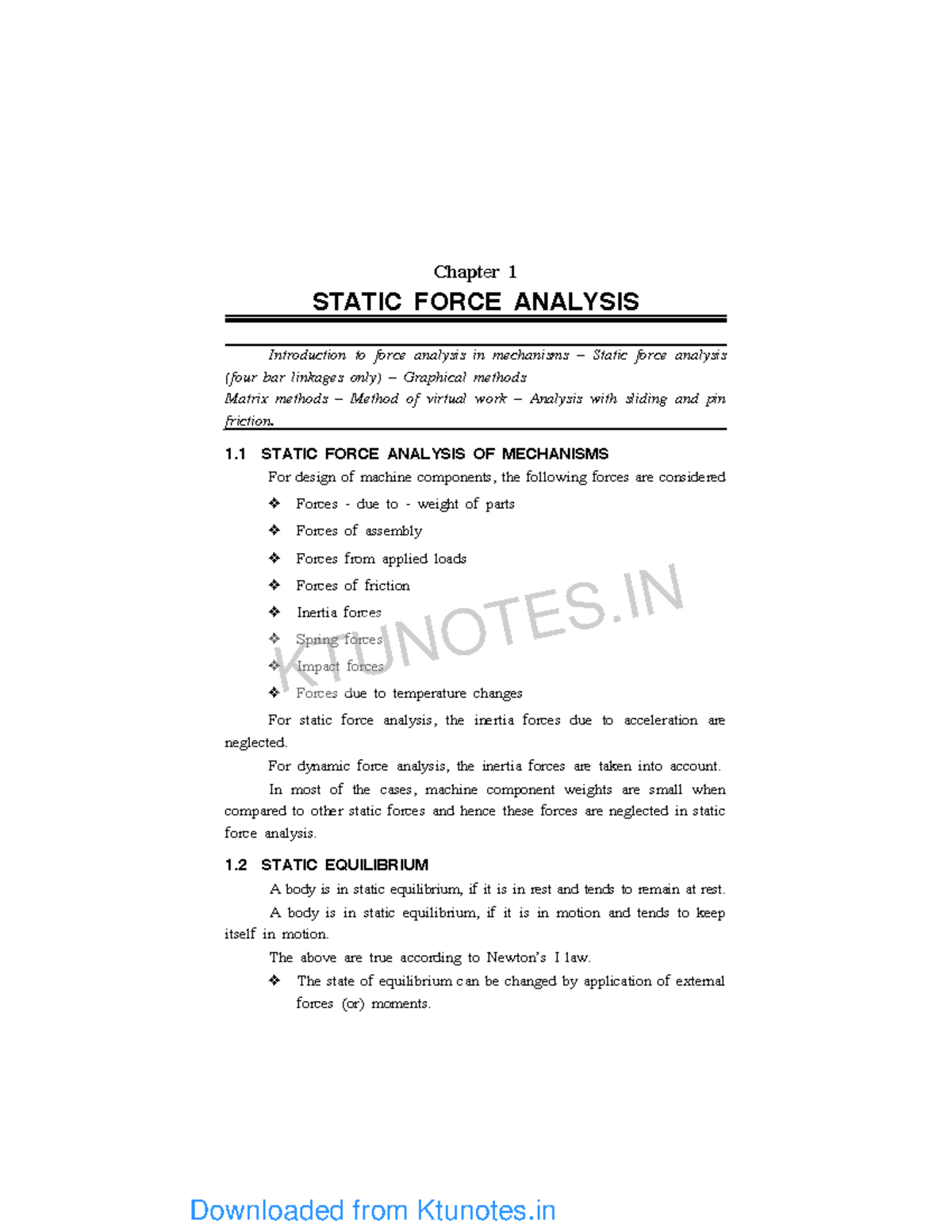 DOM-M1-Ktunotes - Dynamics Of Machinery Notes - Chapter 1 STATIC FORCE ...