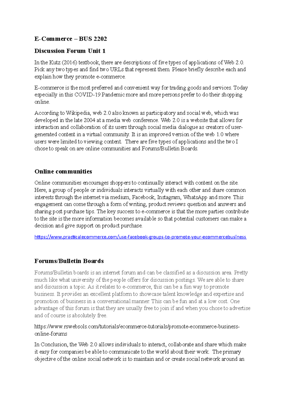 Bus 2202 Discussion - unit 1 - E-Commerce – BUS 2202 Discussion Forum Unit 1 In the Kutz (2016 ...