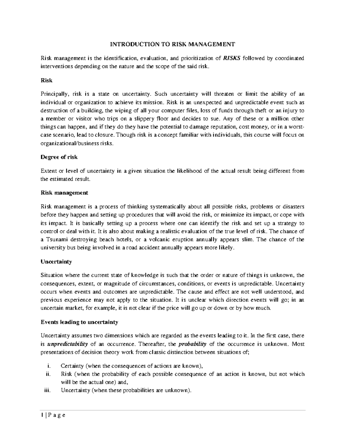 Topic 1 ~ Introduction to Risk Management - INTRODUCTION TO RISK MANAGEMENT Risk management is ...