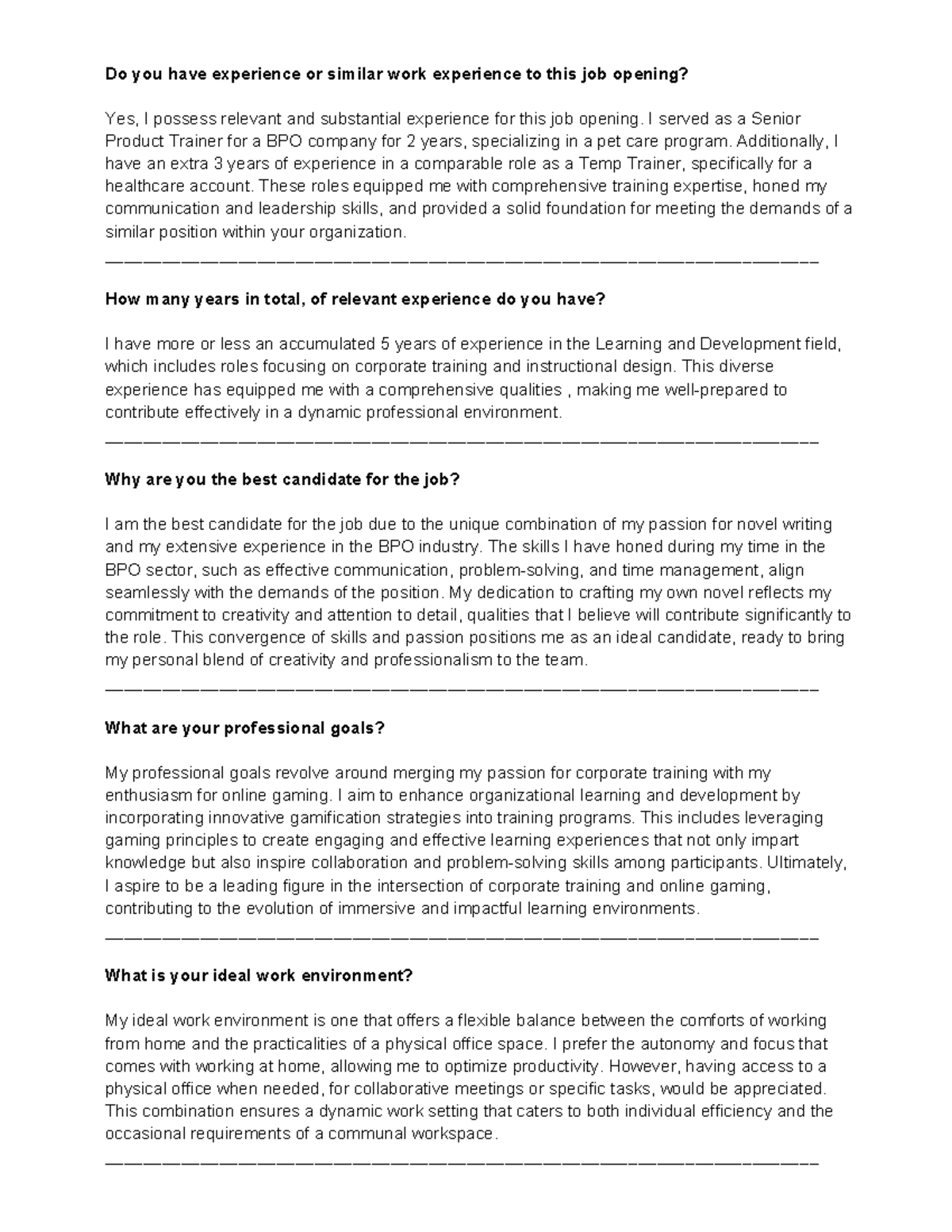 Application Qs - This is a sample question and answer sheet for job ...