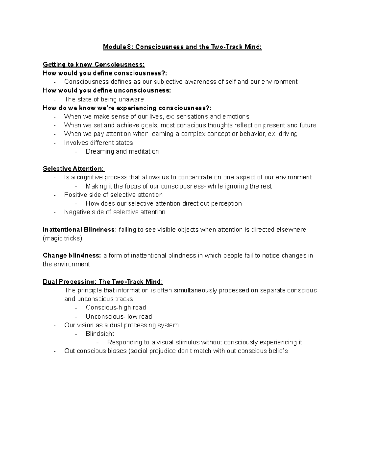 Psych Modules - lecture notes - Module 8: Consciousness and the Two ...