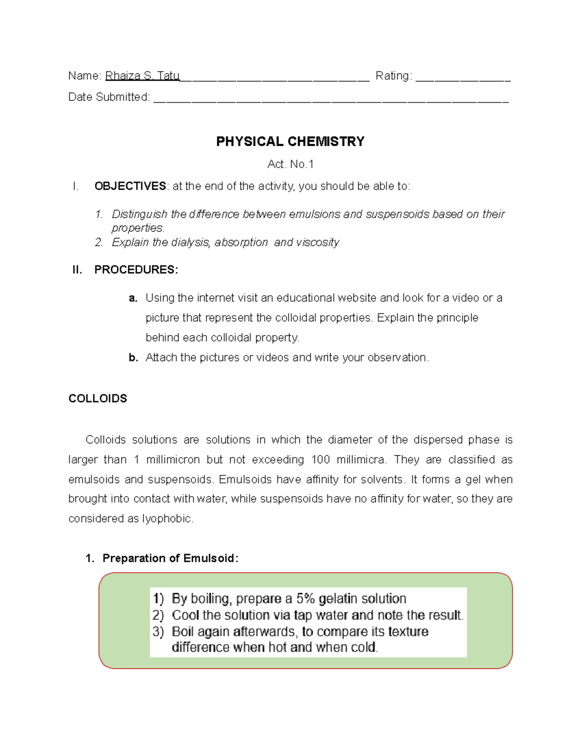 Physical-Chemistry - This is a biochemistry activity which involves ...