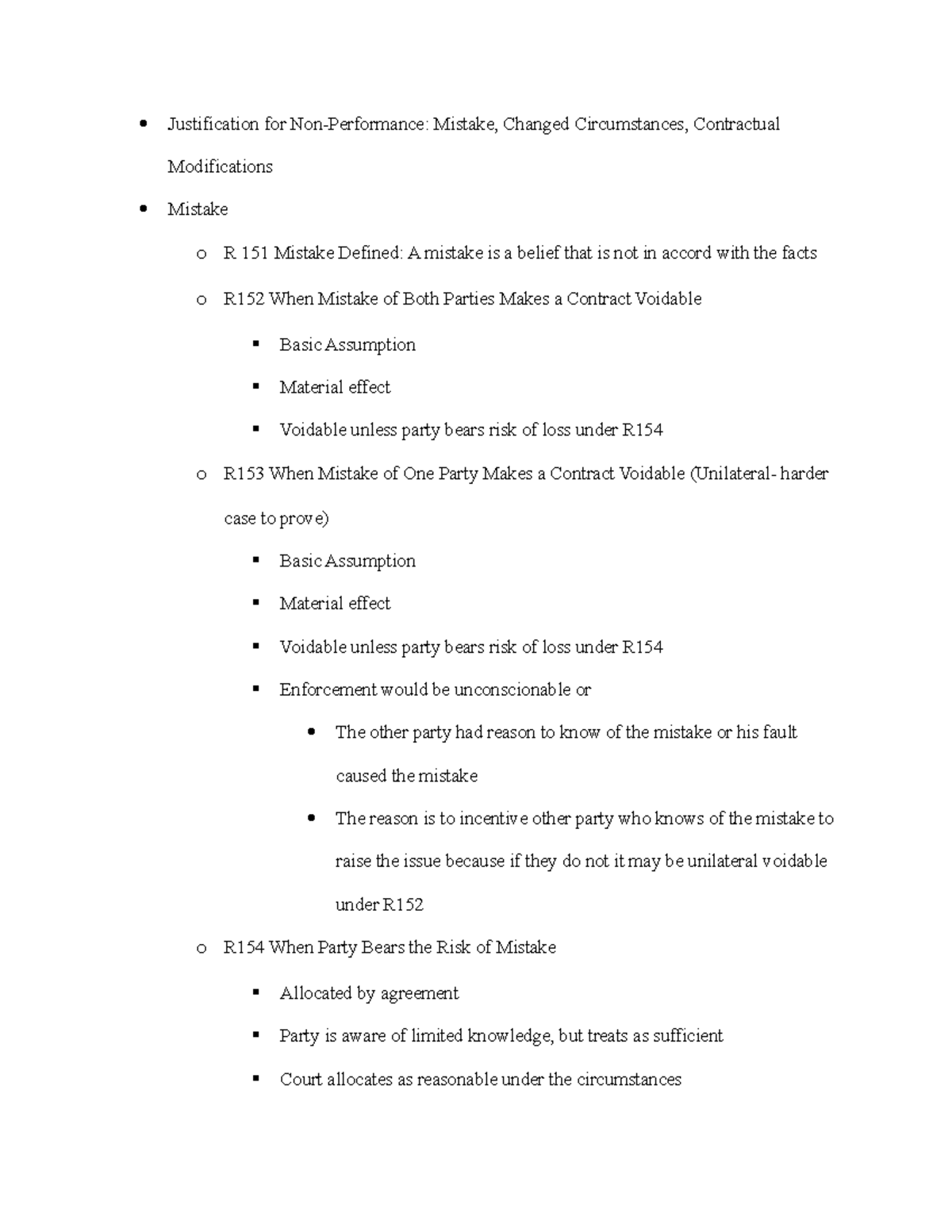 Contracts II Final Outline - Justification for Non-Performance: Mistake ...