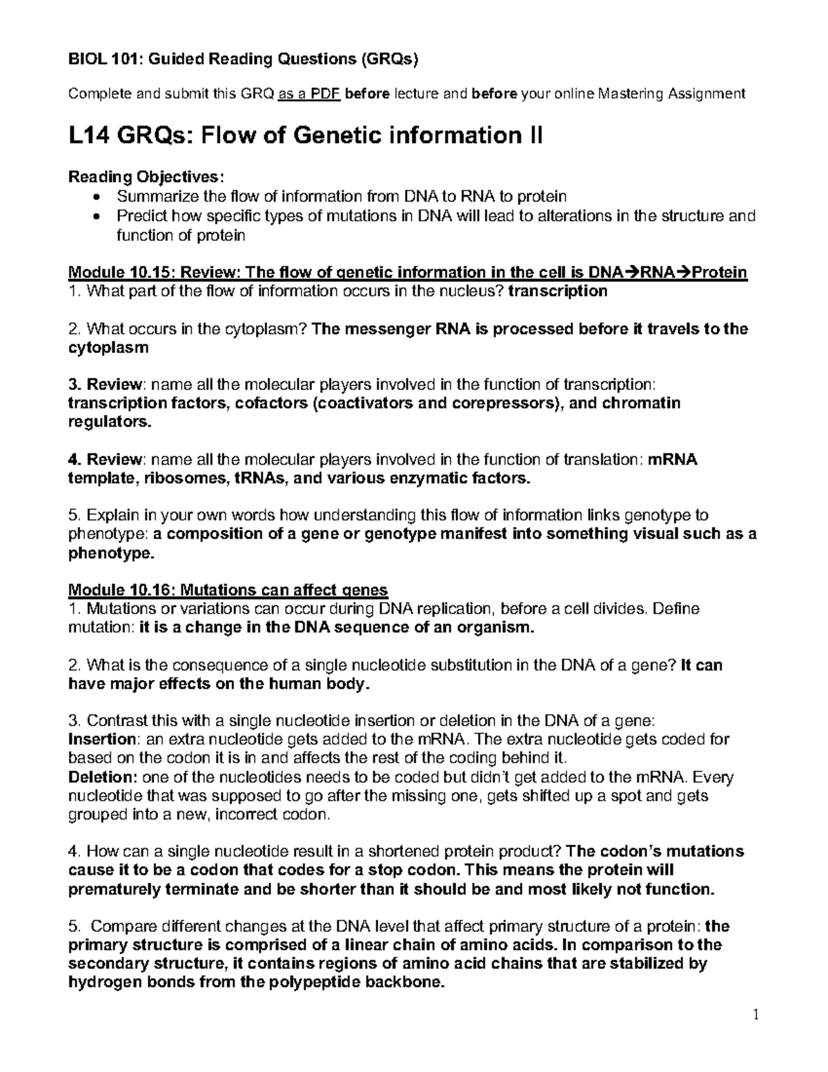 Lesson 14 GRQs Flow of Genetic information Part 2 - BIOL 101: Guided ...
