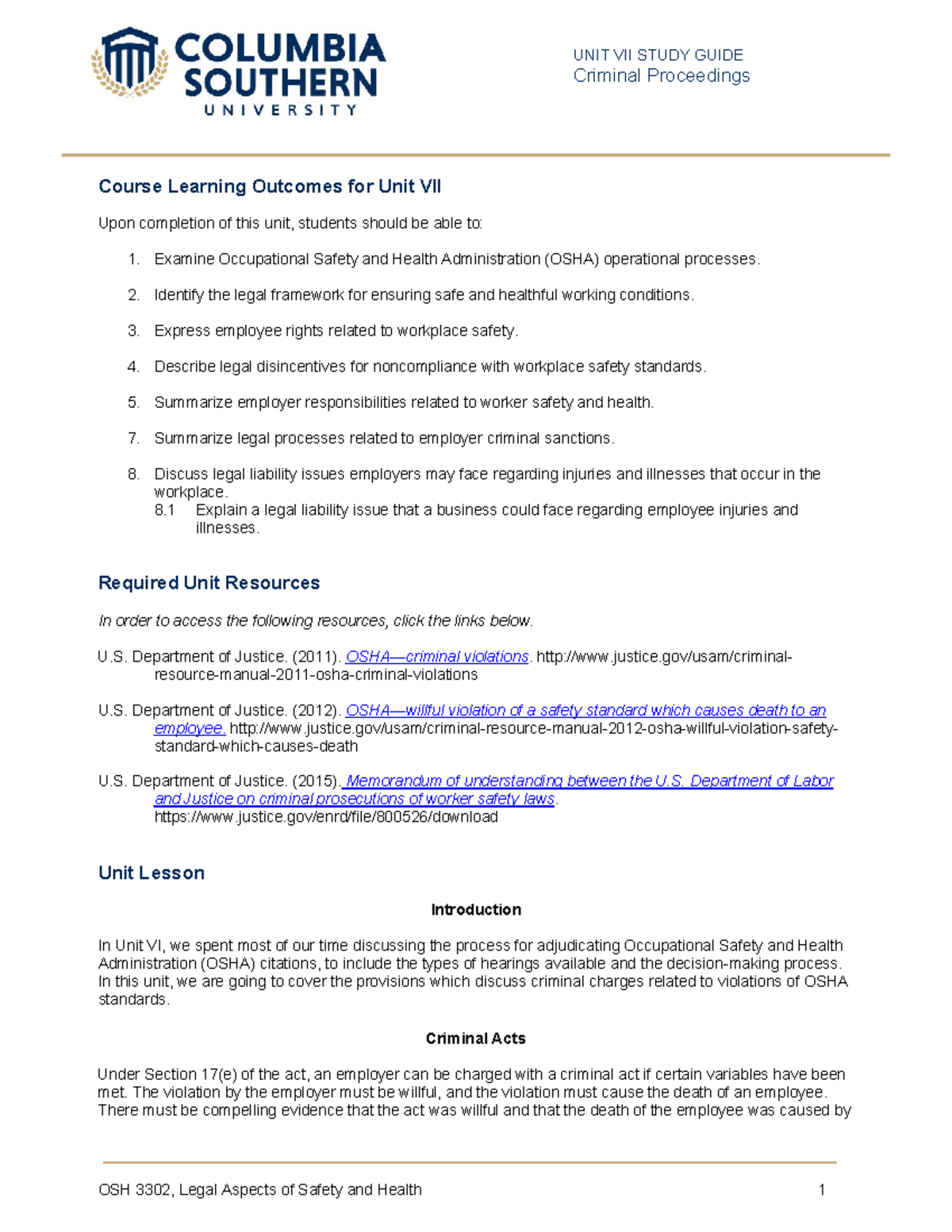 OSH 3302 Unit VII Study Guide - Course Learning Outcomes for Unit VII ...