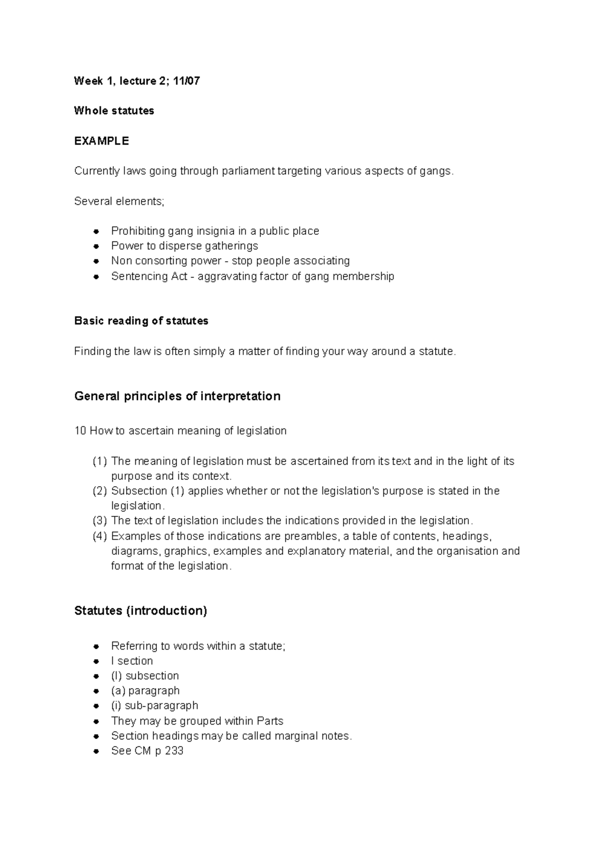 LAW123 Notes - Week 1, lecture 2; 11/ Whole statutes EXAMPLE Currently ...