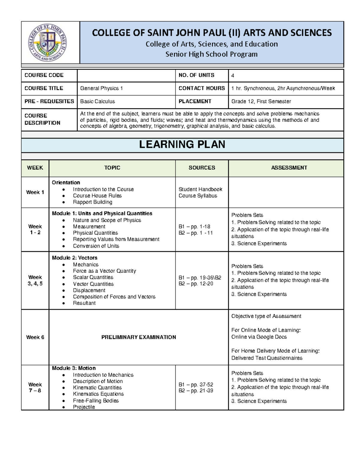 CSJP SY2122 Learning Plan General Physics 1 - COLLEGE OF SAINT JOHN ...