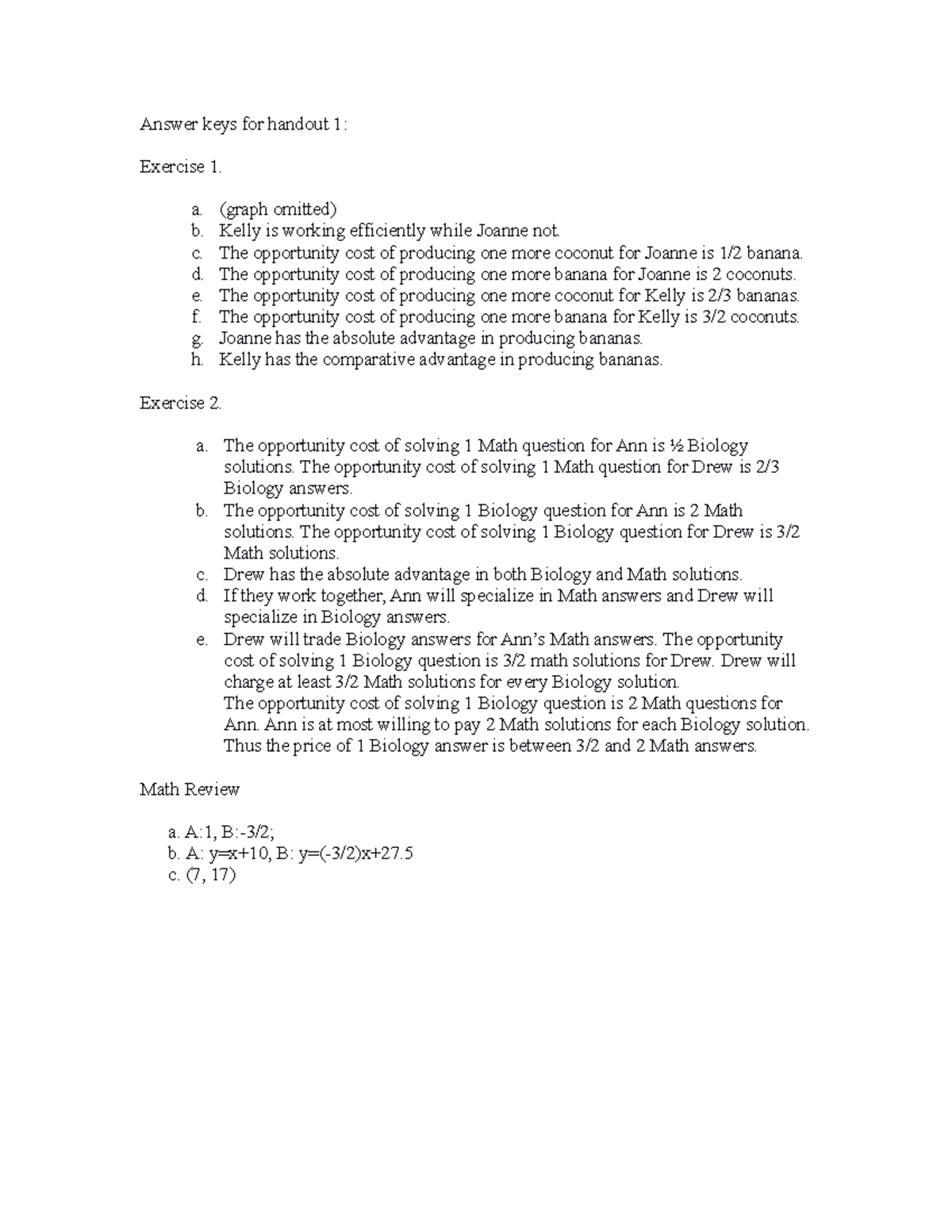AK Tutorial 1 PPF Opp Cost - Answer keys for handout 1: Exercise 1. a ...