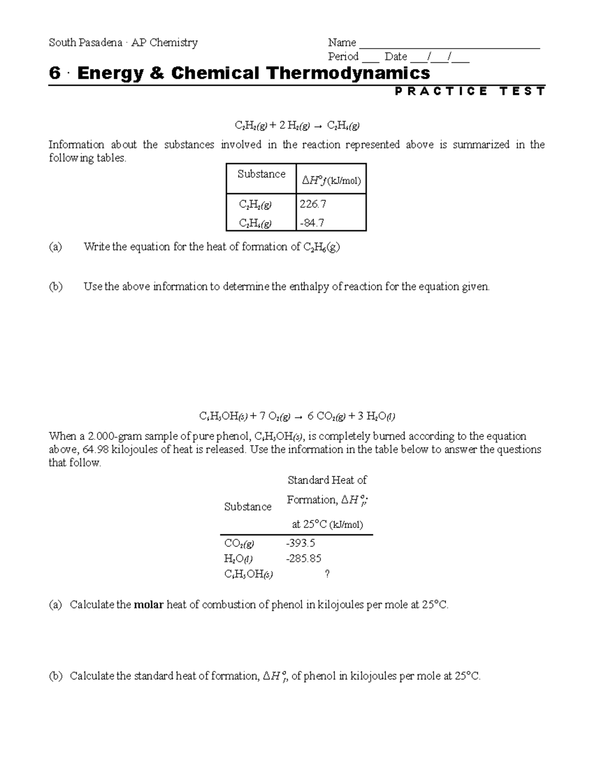 Extra Study Practice Test Thermochemistry FRQ - South Pasadena ∙ AP ...