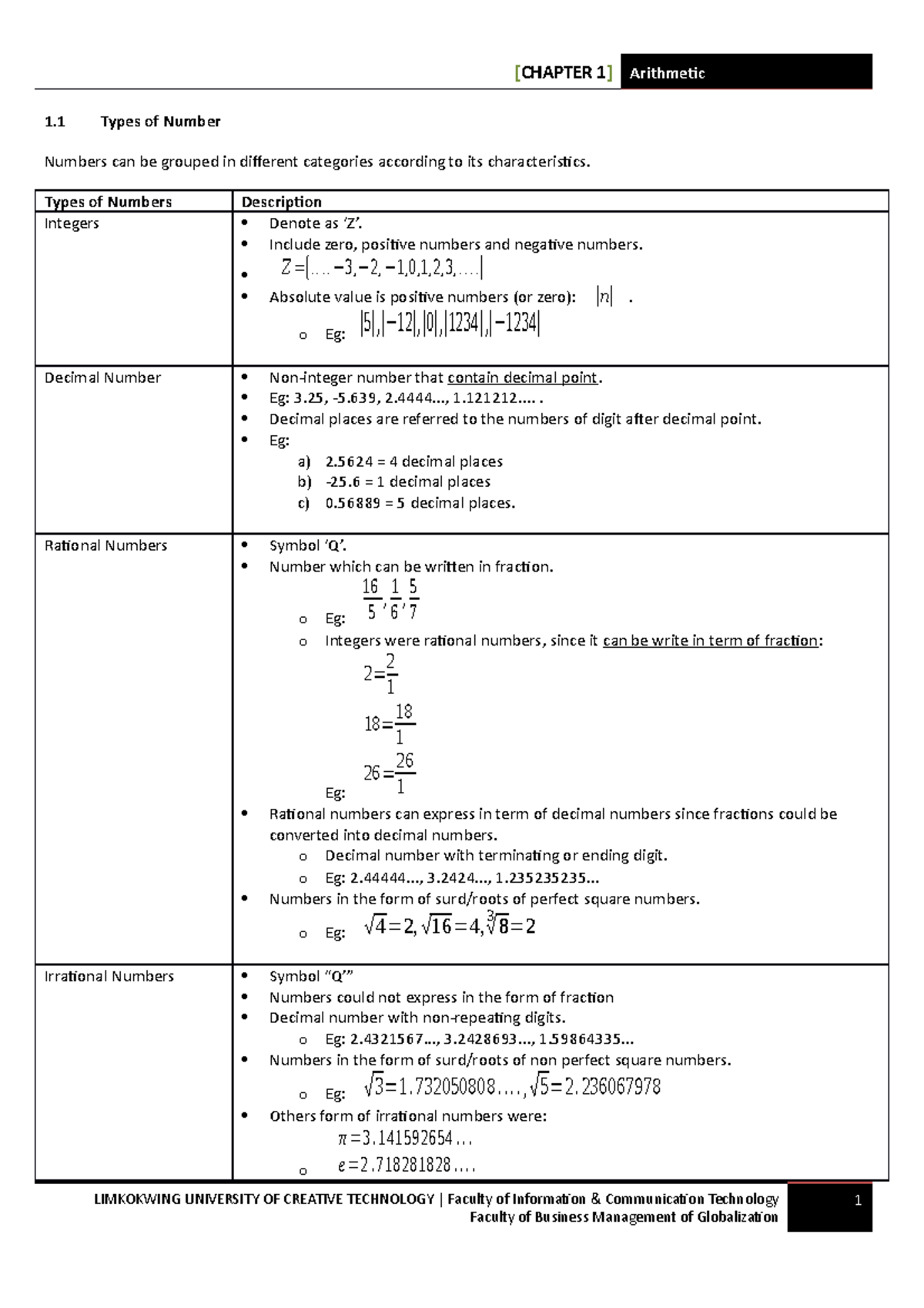 Chapter 1 Arithmetic Lecture Notes 1 Arithmetic 1 Types Of Number