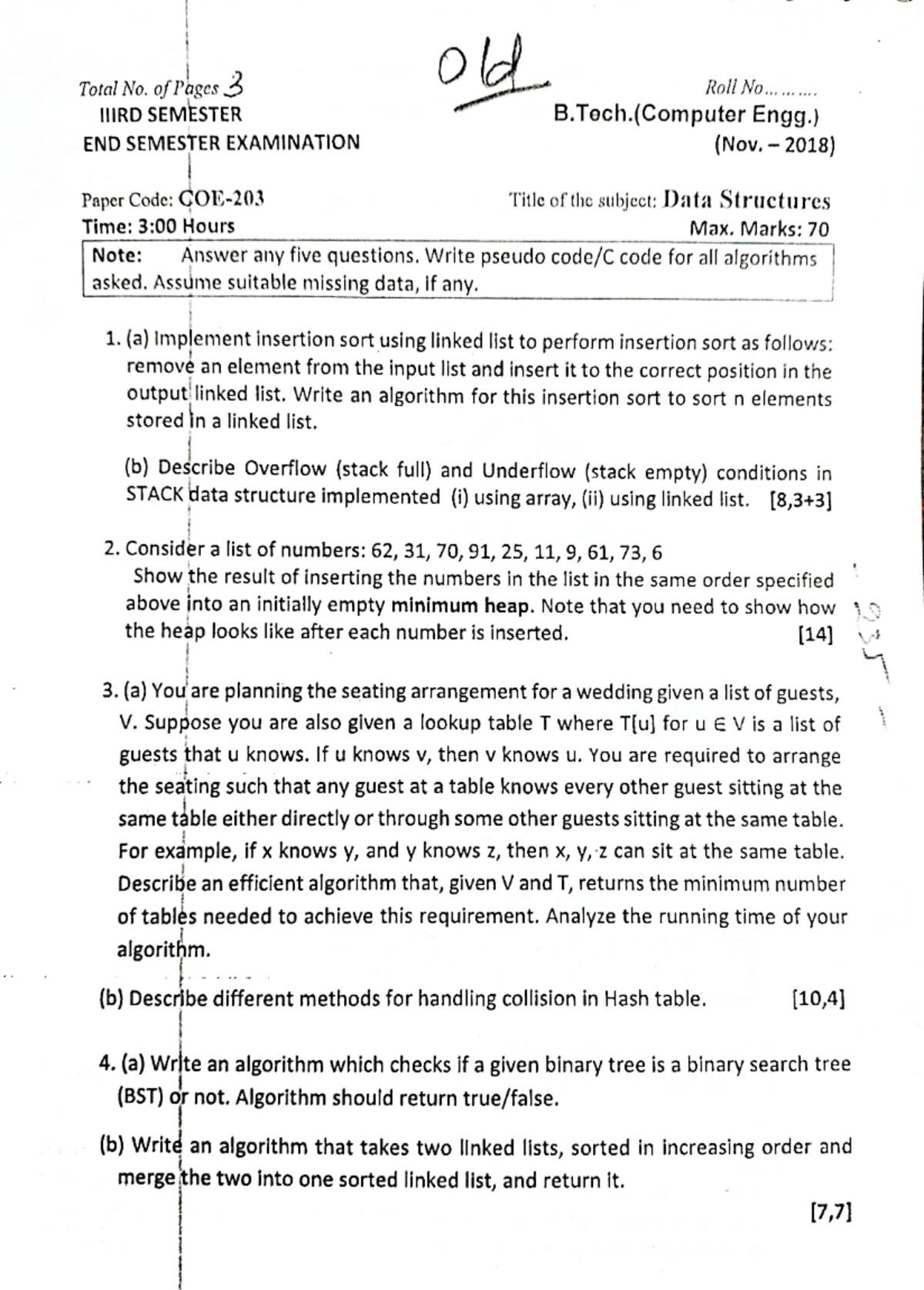 Eeb0f586da25c6e4a827b134d423da1fdeb9c00d CO old Endsem 2018 - Data Structures 2 - Studocu