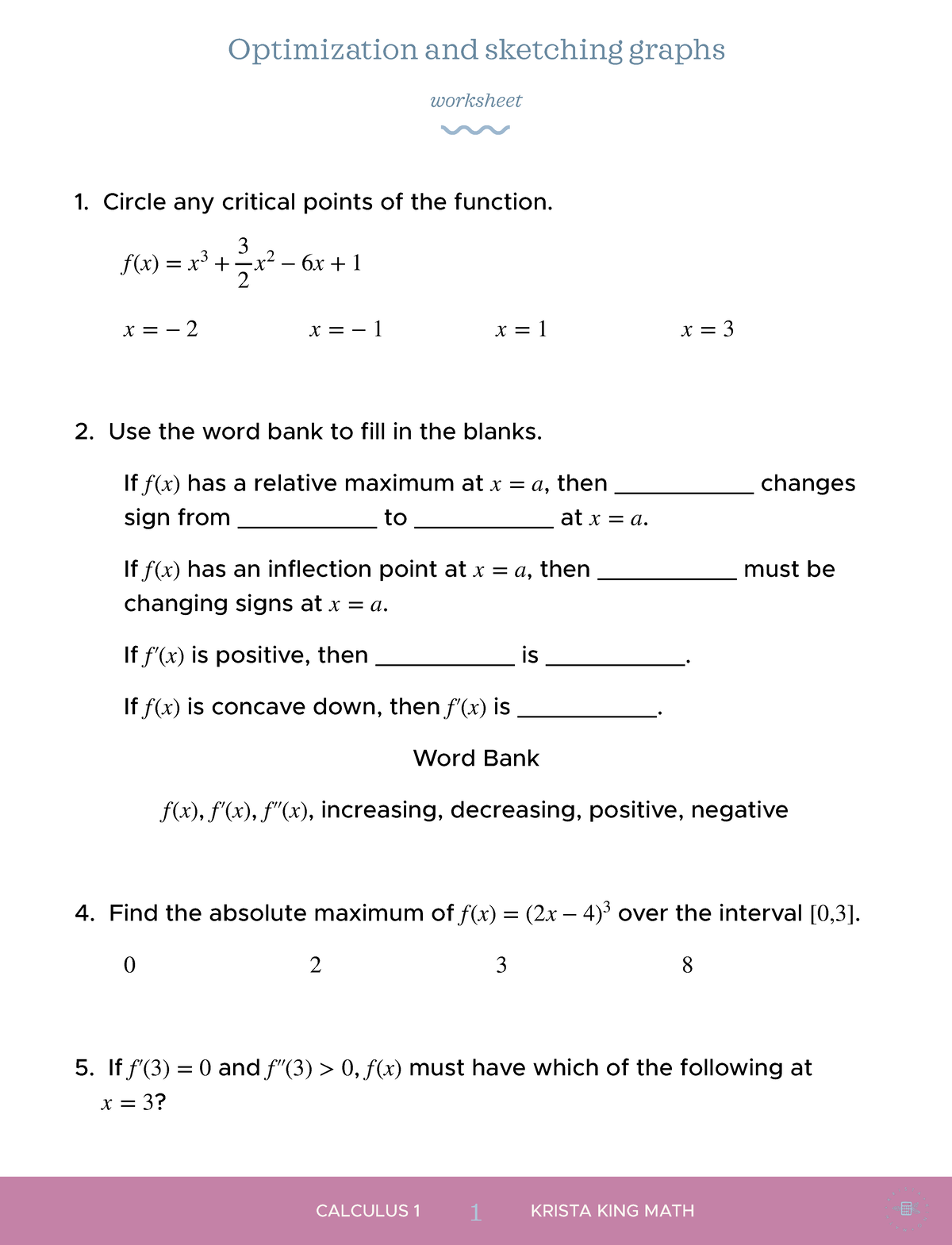 Worksheet.optimization and sketching graphs - Circle any critical ...