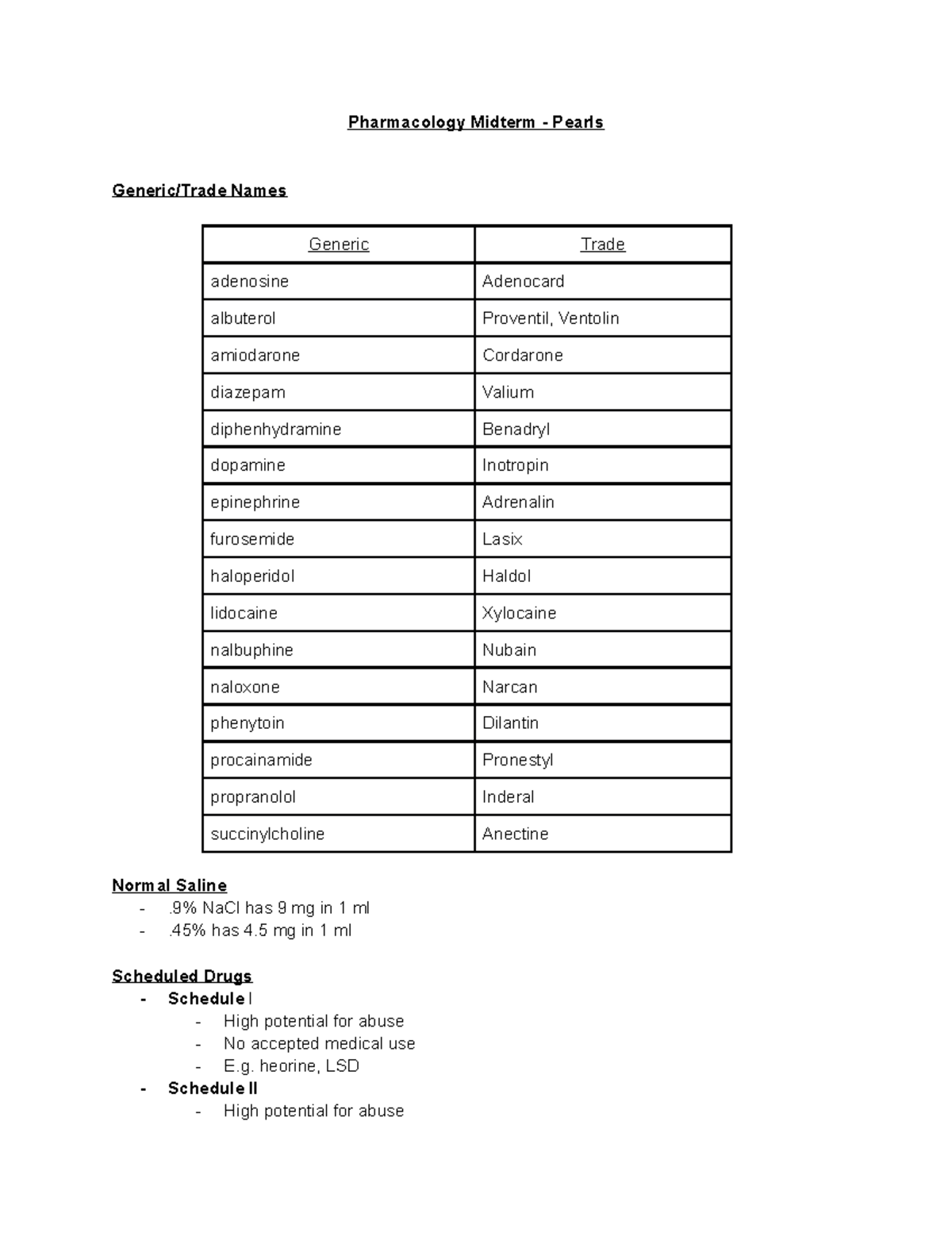 Pharmacology Midterm - Pearls - Pharmacology Midterm - Pearls Generic ...