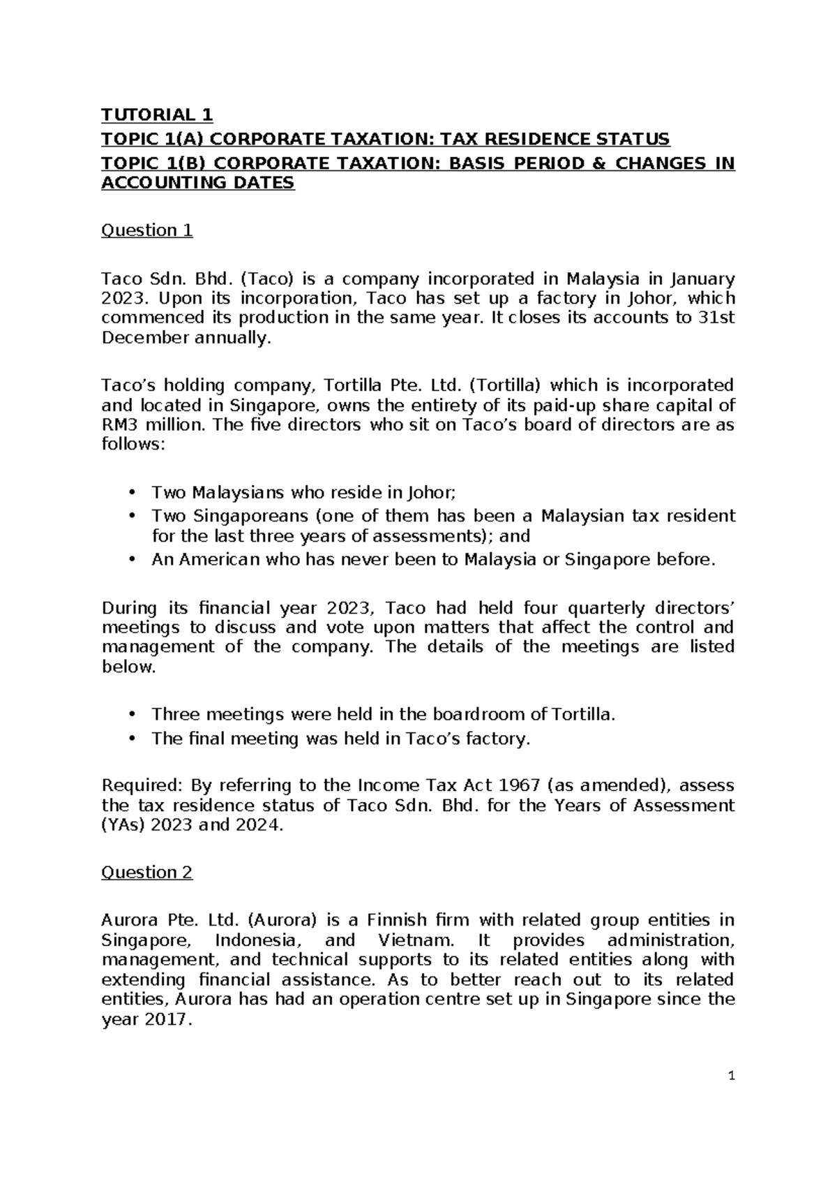 Tutorial 1 - TUTORIAL 1 TOPIC 1(A) CORPORATE TAXATION: TAX RESIDENCE ...