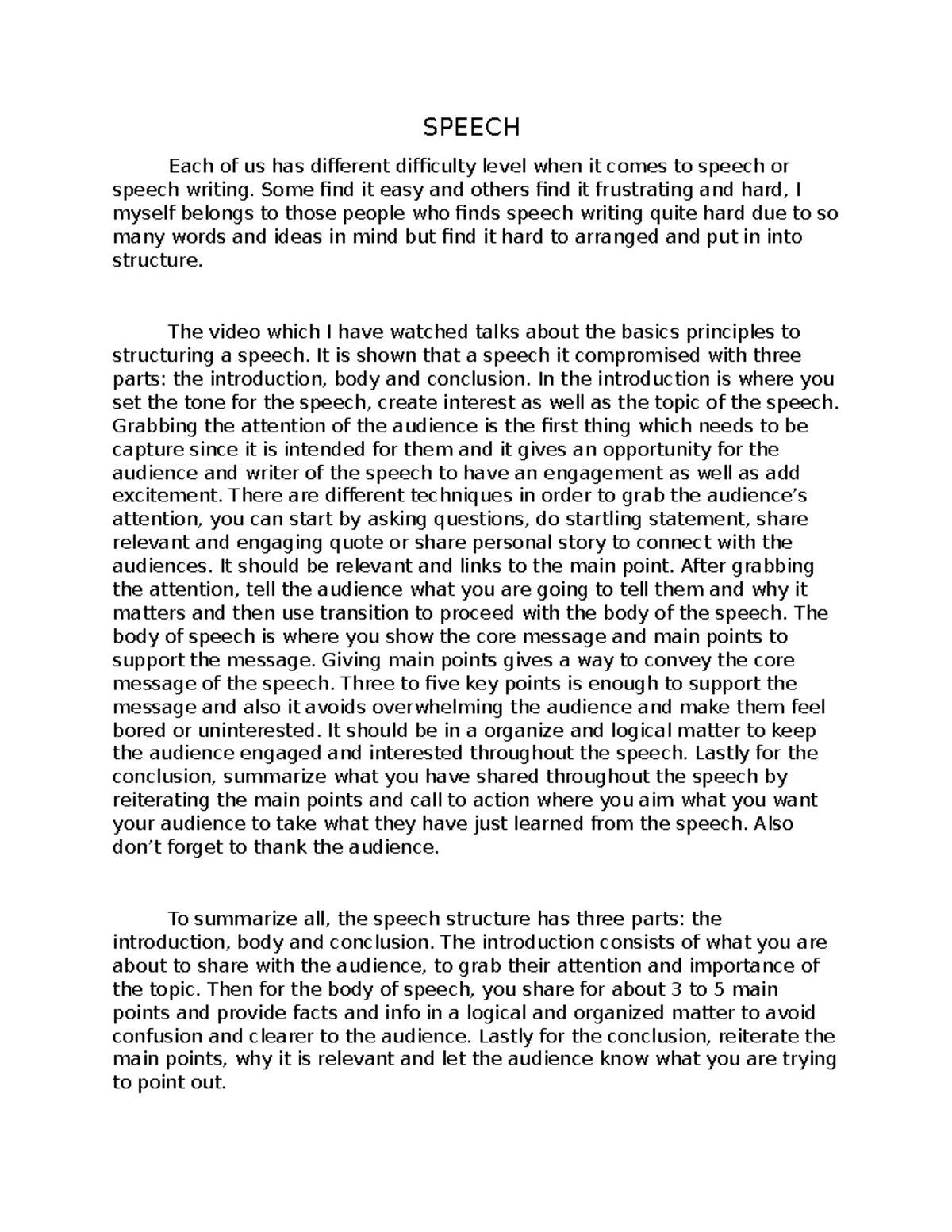 Speech - SPEECH Each of us has different difficulty level when it comes ...