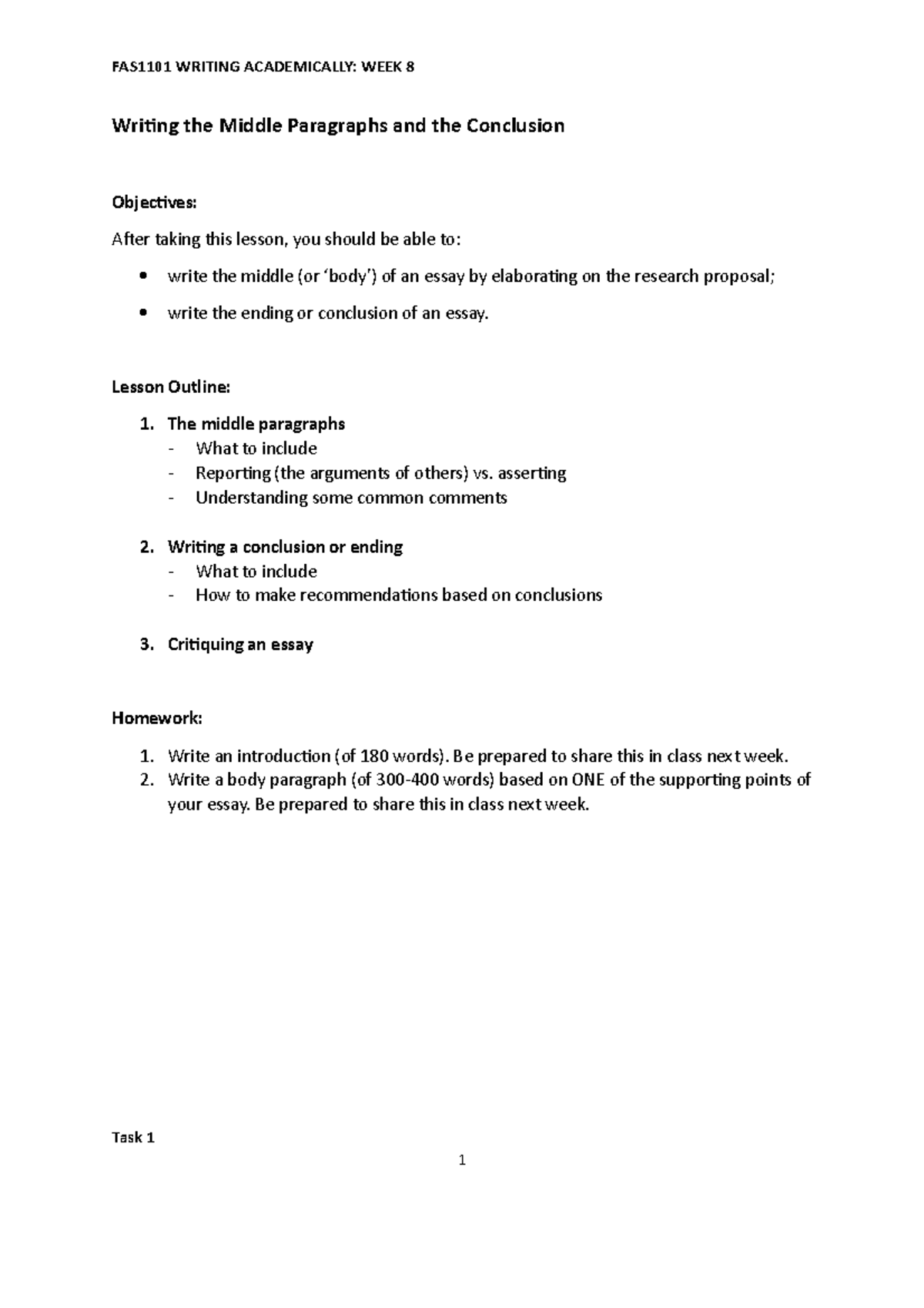 FAS1101 Week 8 Student Copy - Writing the Middle Paragraphs and the ...